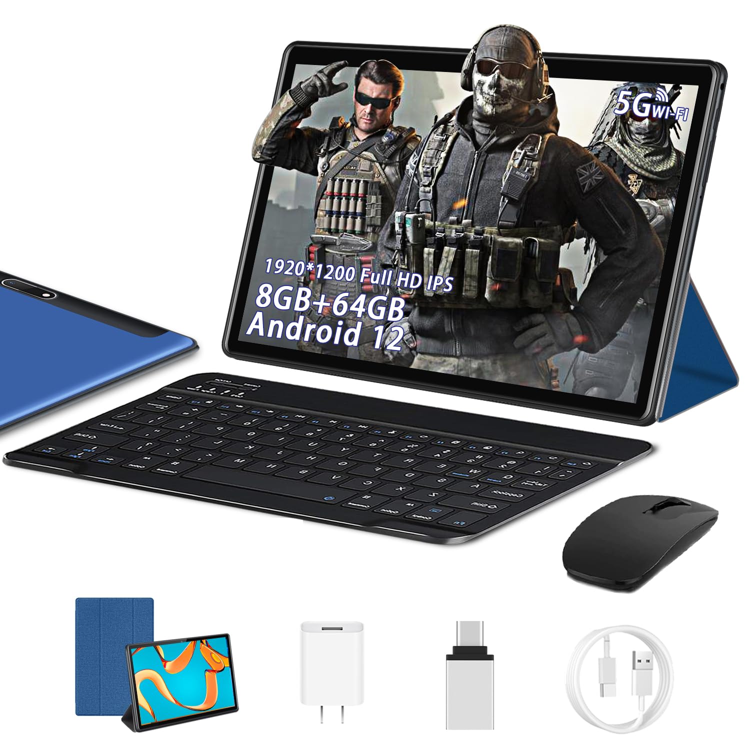 AOYODKG Tablet 2 in 1, 10.1 inch Android 11 Tablet with Keyboard, Case Mouse, 4GB RAM+64GB ROM(256GB Expand), Quad-Core Processor, 1280x800 IPS HD Display, Games, Wi-Fi, Bluetooth, AYO-A10 (Gold)
