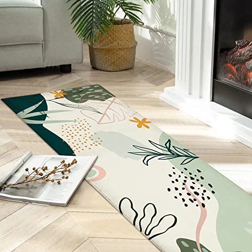 Cinbloo Modern Abstract Long Bathroom Runner Rugs 18x47 Inch Cute Boho Green Plant Leaves Bath Mat Non Slip Area Rugs Soft Wool Floor Carpet Tropical Botanical Rug for Doormat Tub Bedroom Home Decor