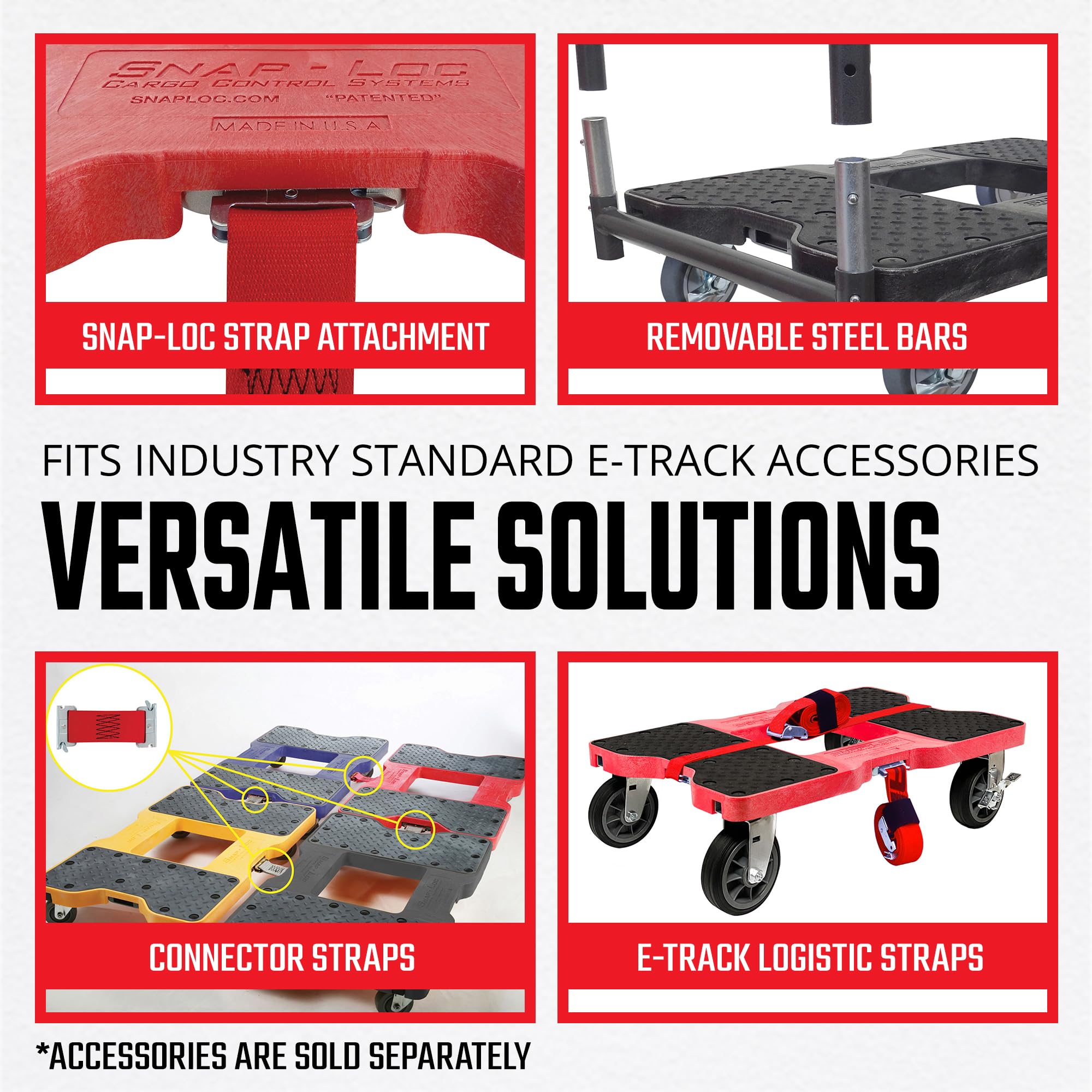 SNAP-LOC, All Terrain 4 Wheel Push Cart Dolly, Heavy Duty Dolly Cart, 6 Inch Casters, Push Bar & E Strap Attachment Included, 1,500 lb Capacity, Made in USA, Red