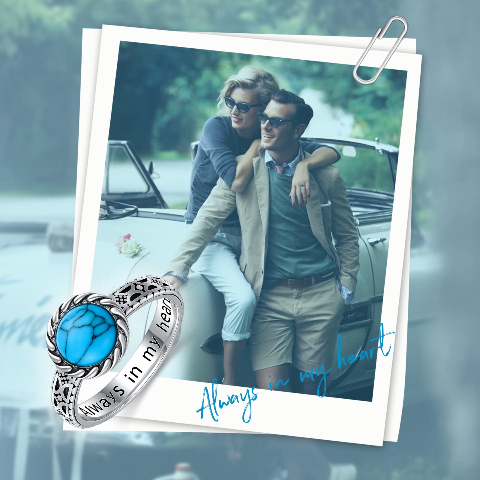 Althum 925 Sterling Silver Vintage Round Shaped Created Turquoise Ring Always in My Heart Ring Jewelry (Size 8)