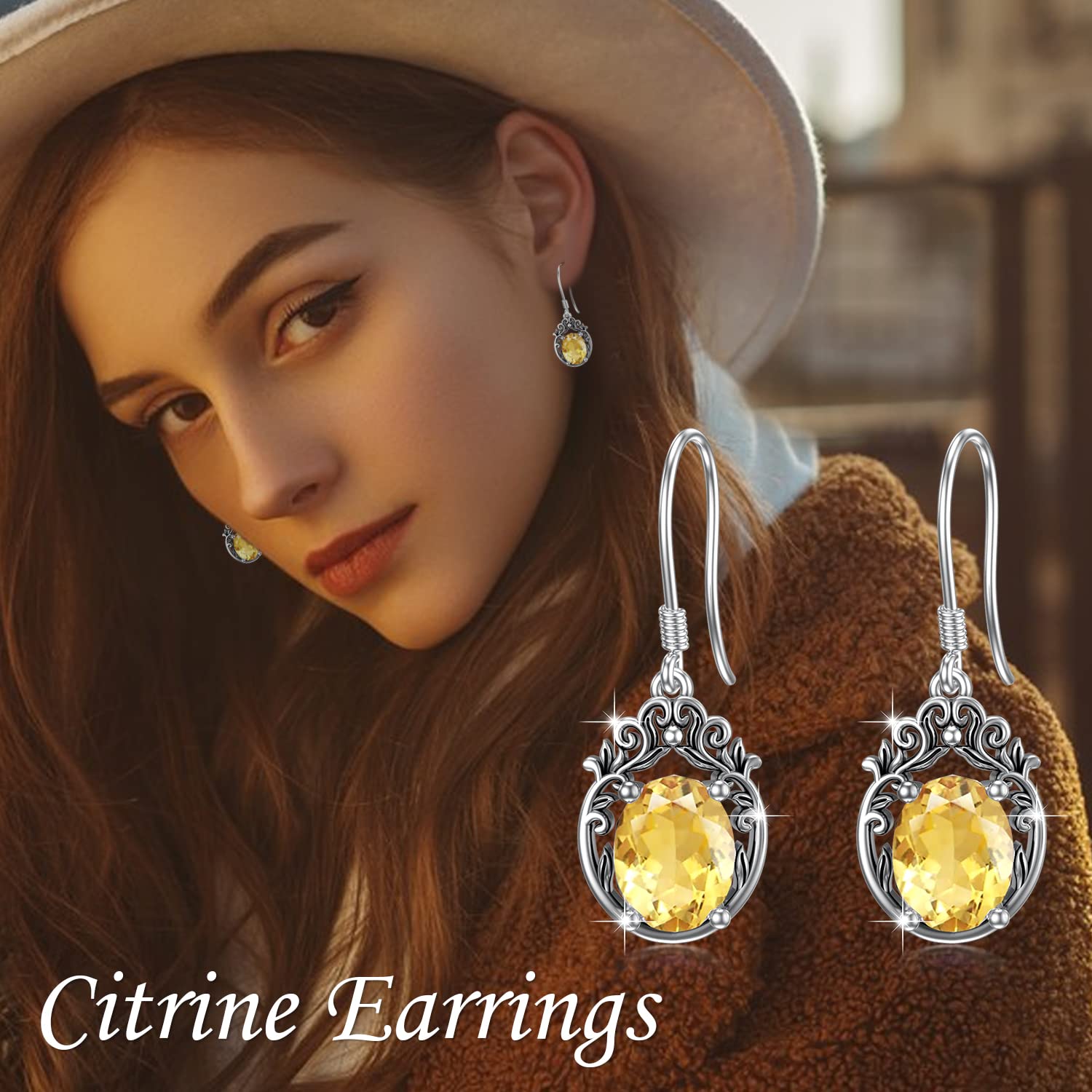 Althum Citrine Earrings 925 Sterling Silver 7x9mm Oval Cut Genuine Yellow Citrine with Vintage Filigree Drop Dangle Earrings for Women