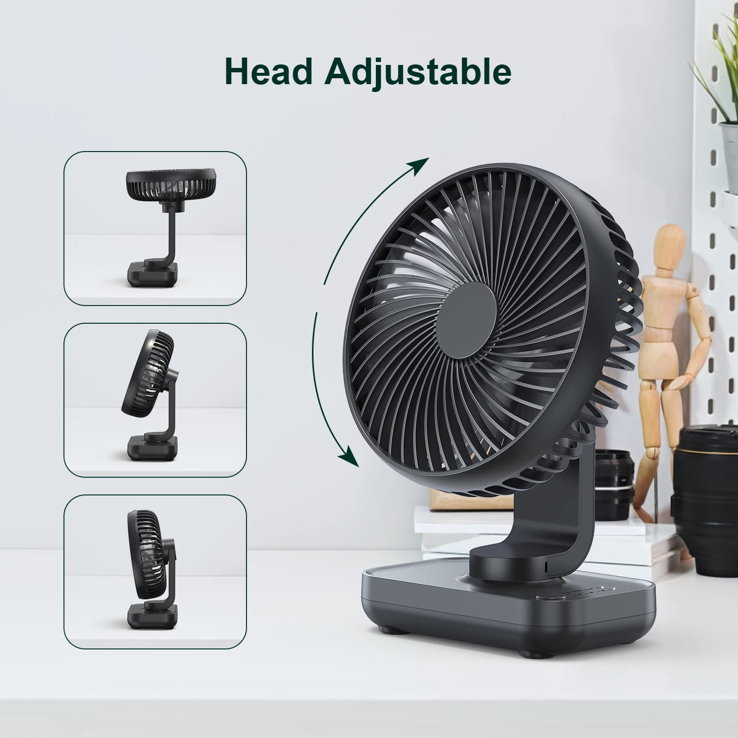 Aluan Small Desk Fan, Quiet Portable Fan, Rechargeable Battery Operated Personal Fan for Home Office Bedroom Desktop Table, 4 Speeds, Black