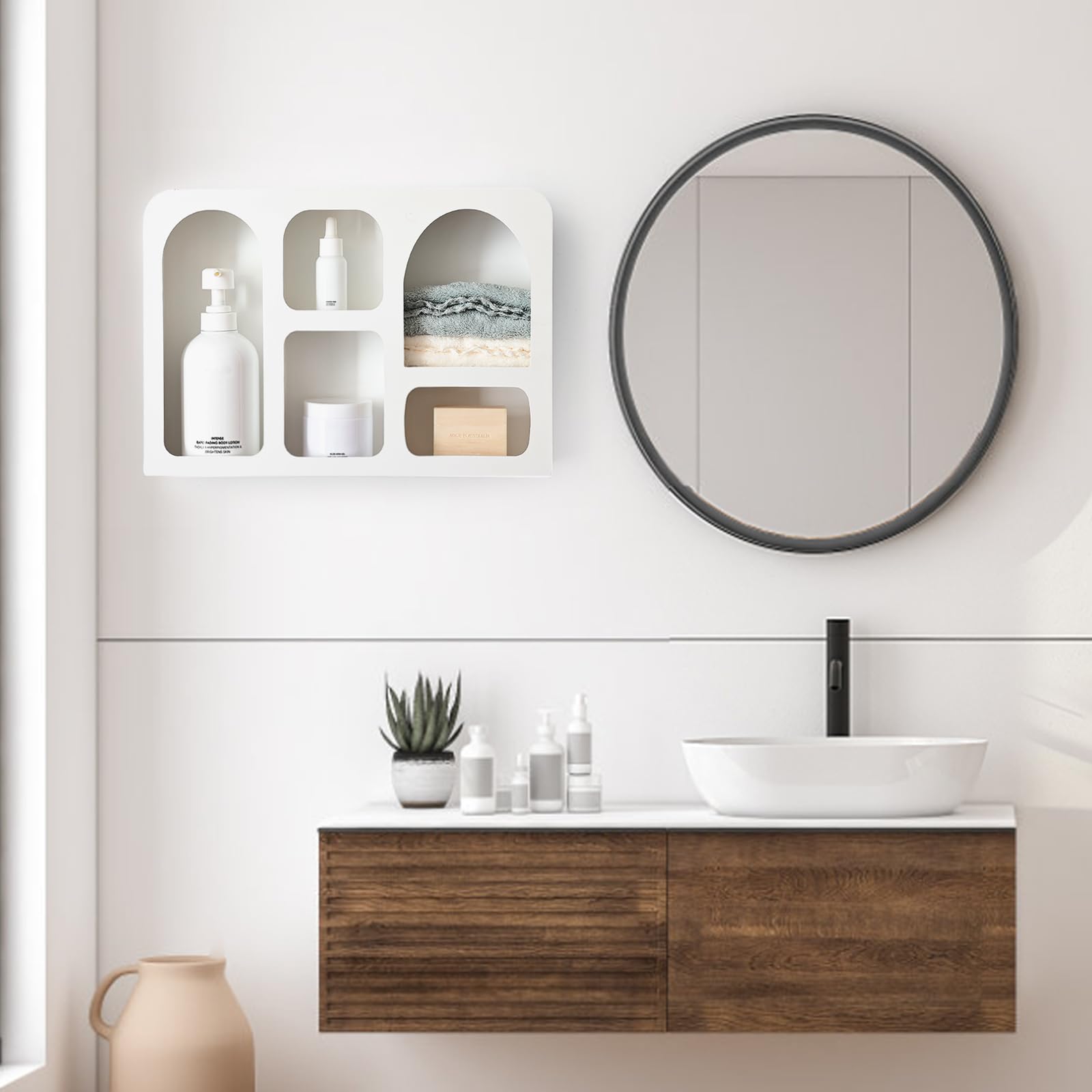 Ella & Emma White Decorative Floating Wall Shelf, Geometric Arched Wall Shelf, Boho Nordic Modern Style Shelves for Wall Decor, Wall Mounted Shelf Storage Nursery, Bedroom, Living Room, Bathroom