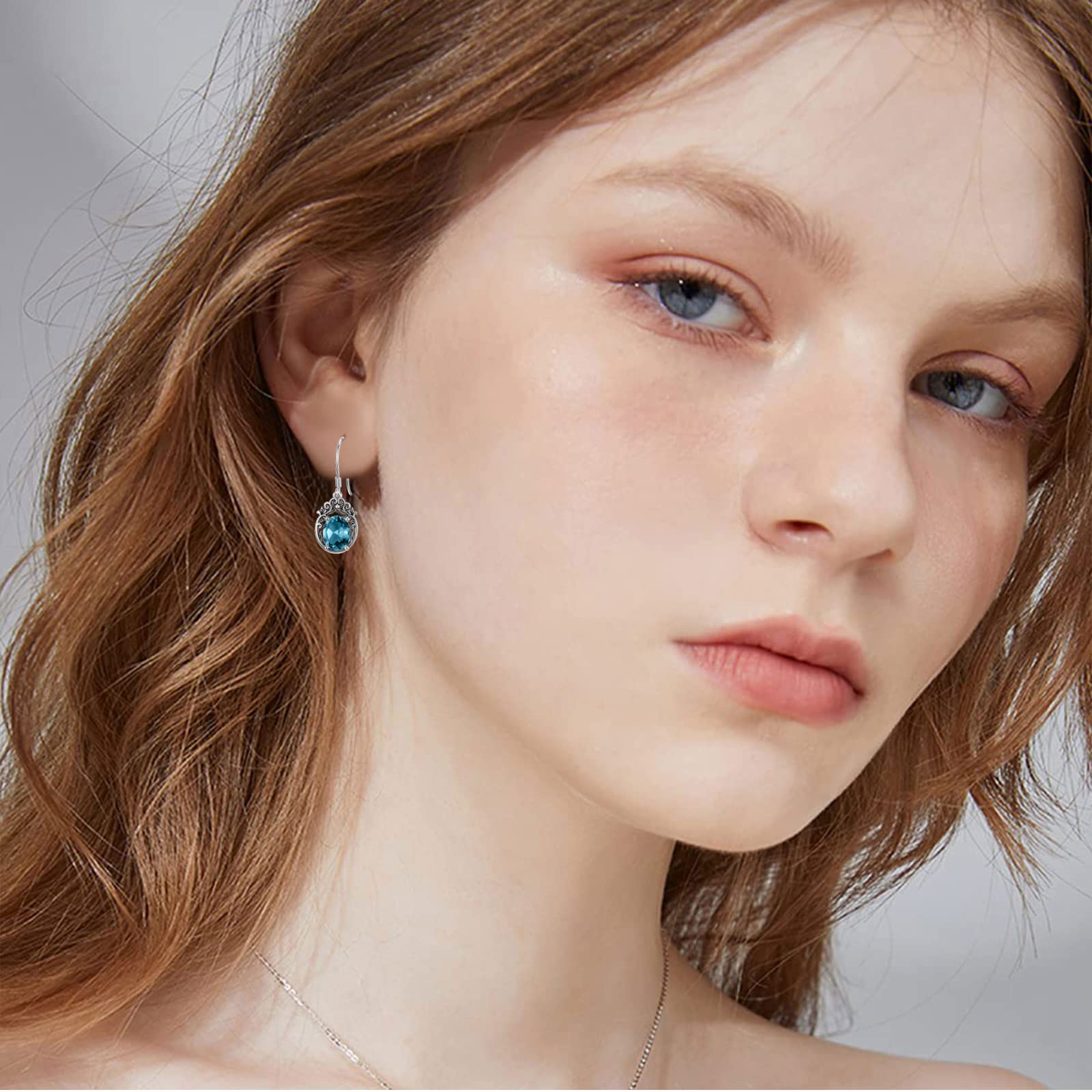 Althum Natural Topaz Earrings 925 Sterling Silver 7 x 9 MM Genuine London Blue Topaz Dangle Earrings for Women