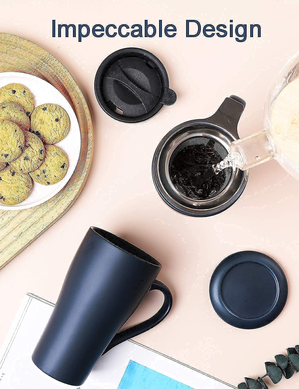 ARRADEN Two Set Tea Cup with Infuser and 4 Lids, 18oz Large Tea Infuser Mug, Tea Strainer Cup for Loose Tea, Travel Mug with Tea Bag Holder