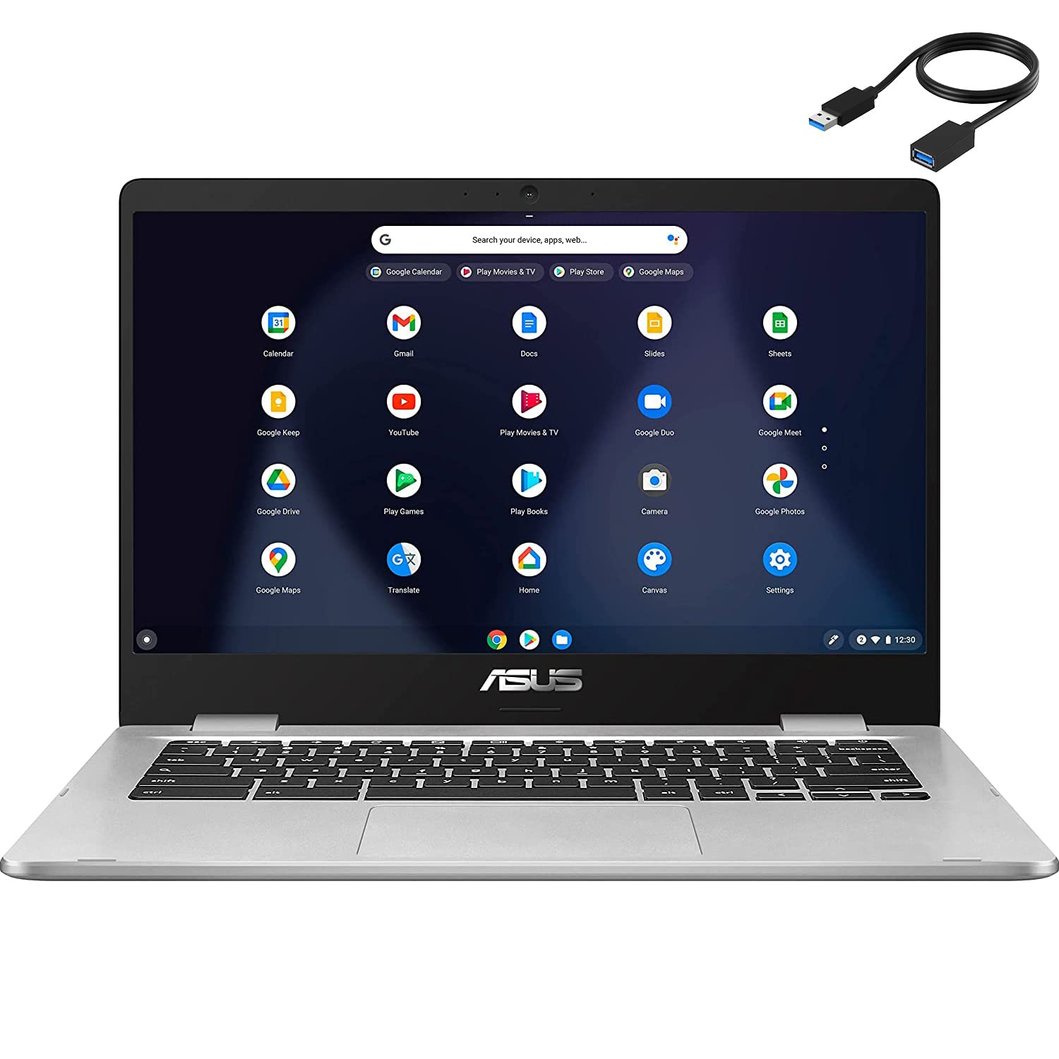 ASUS C423NA Chromebook 14" FHD Laptop Computer, Intel Celeron N3350 up to 2.4GHz, 4GB LPDDR4 RAM, 32GB eMMC, 802.11AC WiFi, Bluetooth, Webcam, Silver, Chrome OS, BROAG 3Feet USB Extension Cable