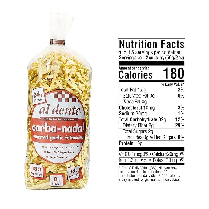 Al Dente, Carba-Nada Variety 2 Pack, Lower Carb, Egg Fettuccine & Roasted Garlic Fettuccine, Non-GMO, Homemade Taste & Texture, High Protein