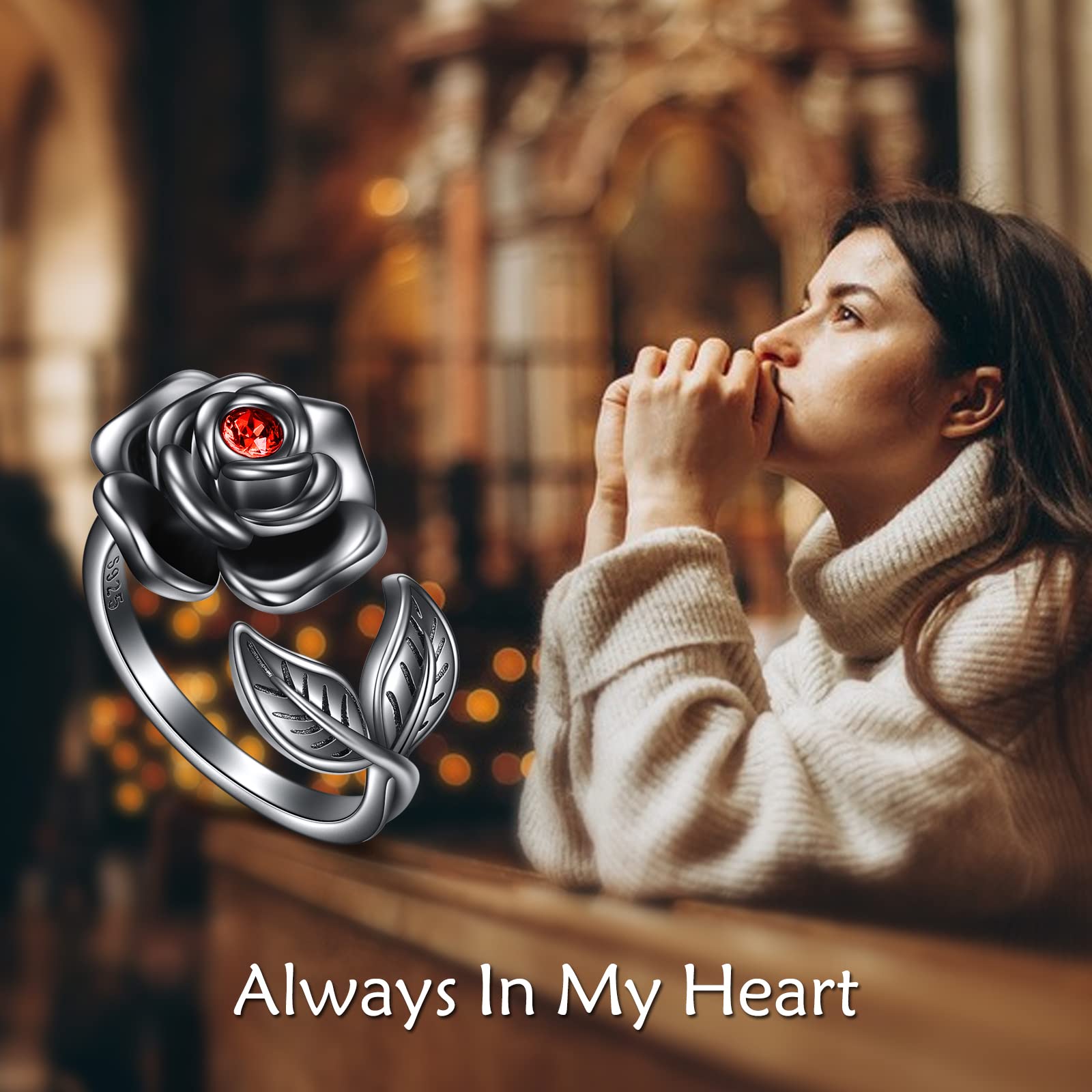 AOBOCO Rings for Ashes for Women Sterling Silver Rose Urn Memorial Adjustable Ring Jewelry Size 8-9 Cremation Jewelry