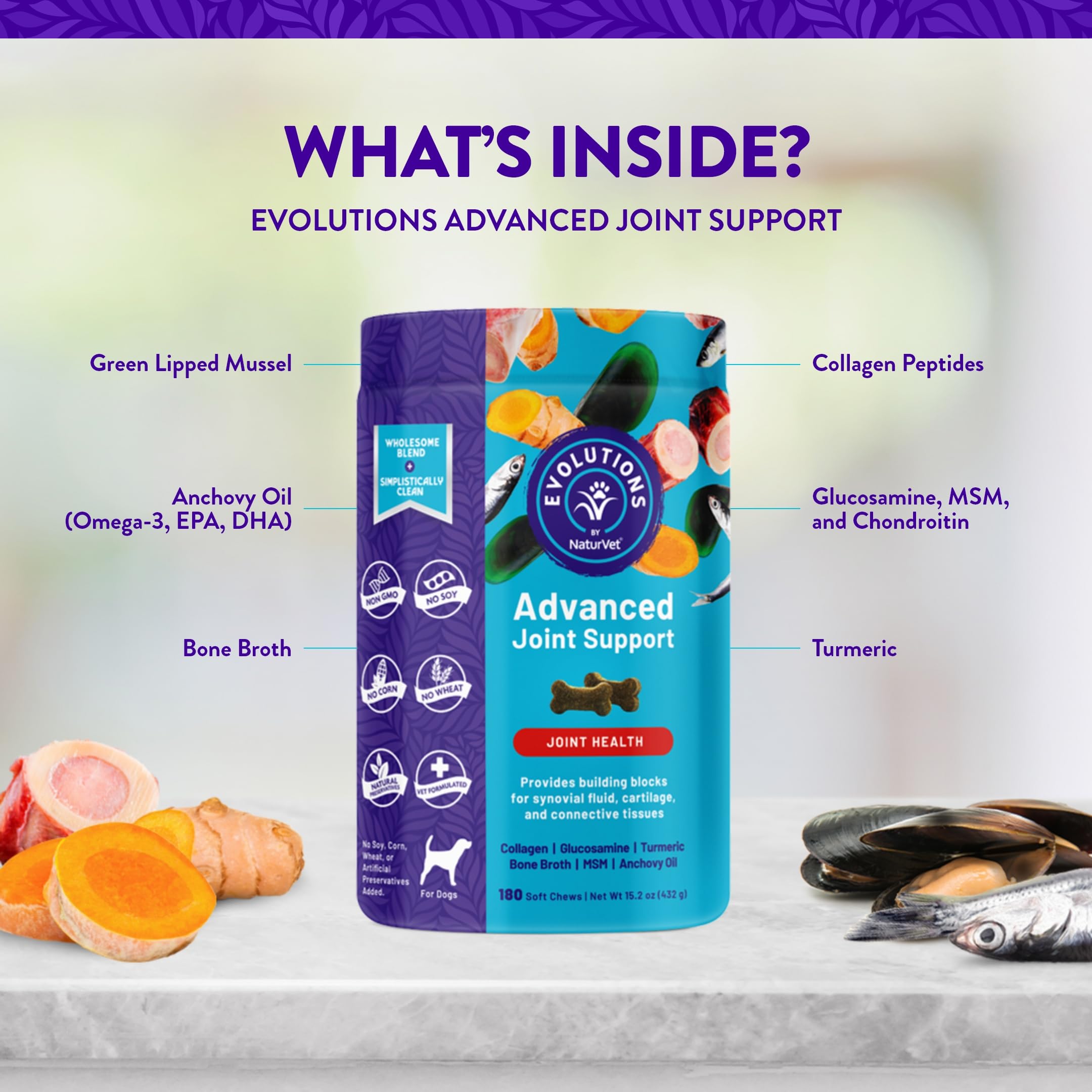 Evolutions by NaturVet Advanced Joint Support 180ct Soft Chews for Dogs - Anchovy Oil, Bone Broth, Collagen, Glucosamine, Turmeric, MSM - Helps Support Synovial Fluid, Cartilage, Connective Tissues