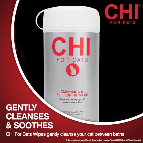 CHI for Cats Cleansing and Refreshing Wipes for Cats, 50 Count | Best Cat Wipes for Cats Who Hate Baths | Sulfate & Paraben Free, pH Balanced for Cats, Made in The USA