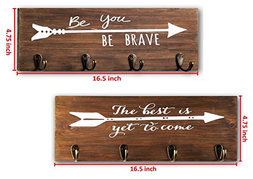 Spiretro Wall Key Hanger, Metal Hook Rack Organize Coat Hat Bag, Leash Holder, Set of 2 for Kids Entryway Hallway, Funny Arrow Sign & Inspirational Words, Rustic Wood_Teak