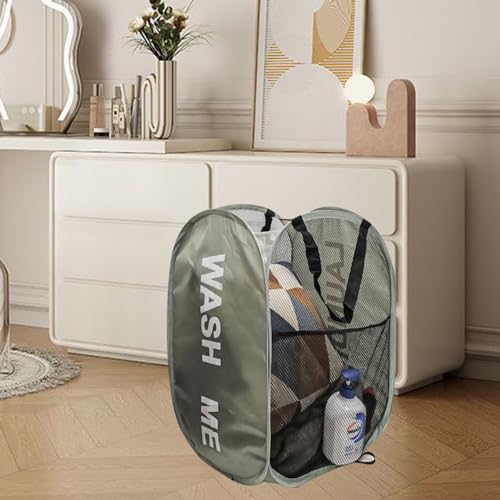 Buenod Mesh Laundry Hampers, Collapsible Laundry Baskets Pop Up Storage Bin, 2 Pack Clothes Hampers with Side Pocket for Home, College Dorm, Apartment (Black + Gray)