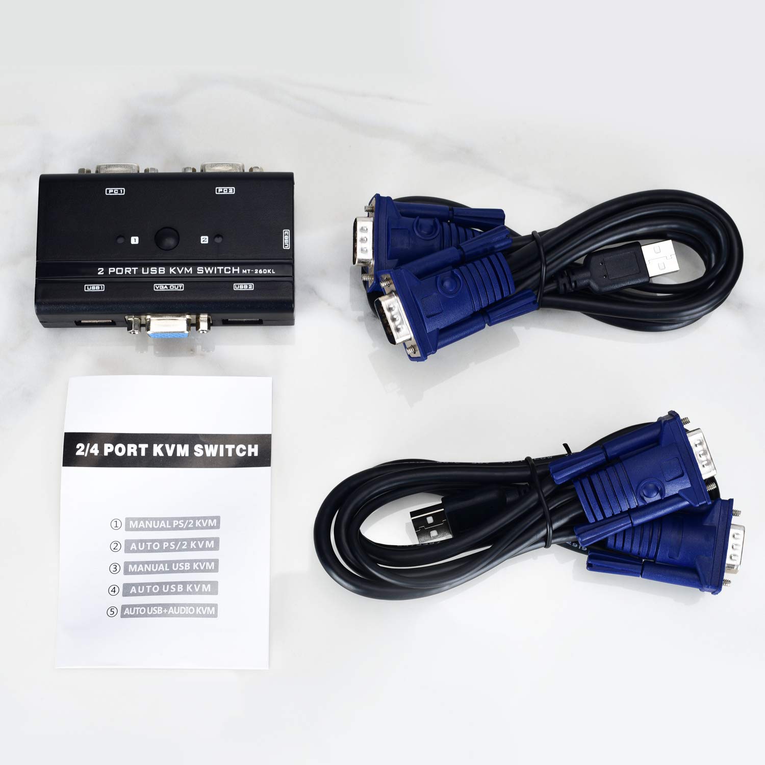 VGA USB KVM Switch, 2 Port VGA KVM Switcher Selector with Cables for 2PC Sharing 1 Video Monitor and 3 USB Devices Keyboard Mouse Printer Scanner