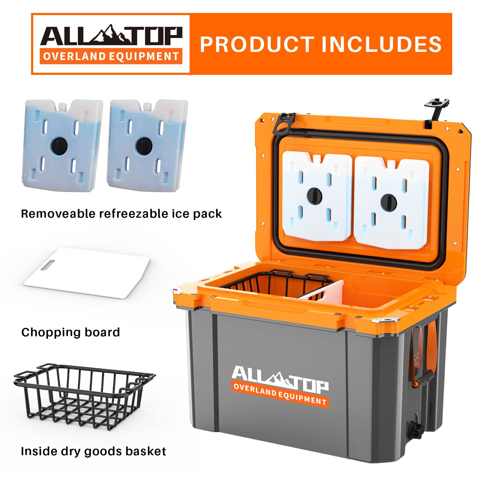 ALL-TOP 55 Quart Portable Hard Cooler with Refreezable Ice Packs & Chopping Board - Grey