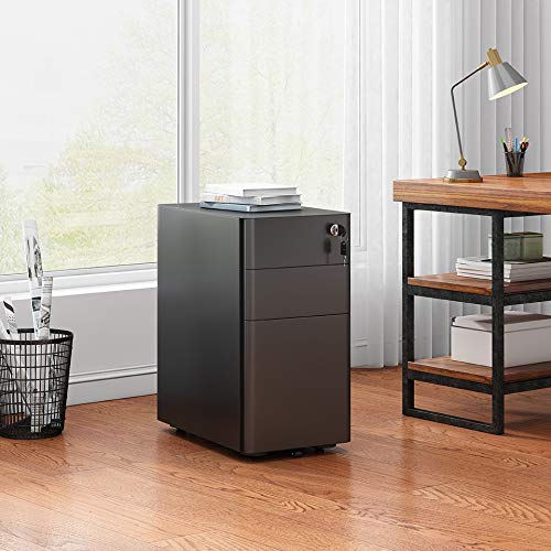 AMISEN File Cabinet，3-Drawer Metal Mobile Filing Cabinets Office Drawer with Lock，Slim Storage Cabinet for Legal/Letter/A4 File, Fully Assembled Including Casters, Black