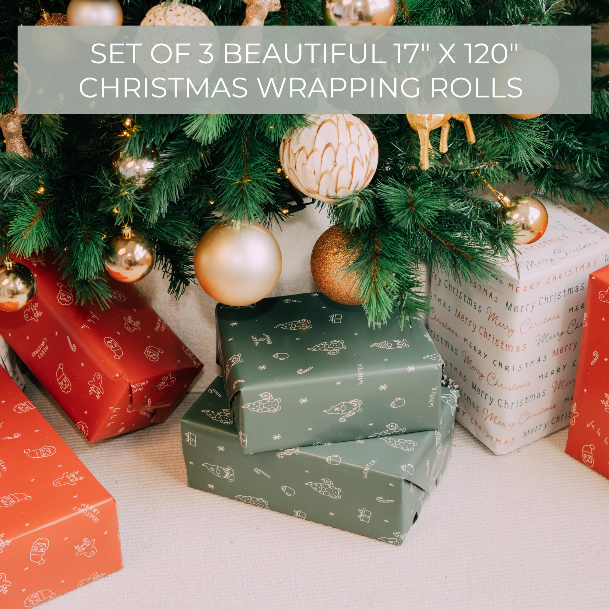 Beautiful Christmas Gift Wrapping Paper Rolls - Set of 3 Quality Paper Rolls With Cute Designs For Small & Medium Size Gifts - Add a Touch of Magic to Every Gift You Wrap - 17 in x 120 in Per Roll