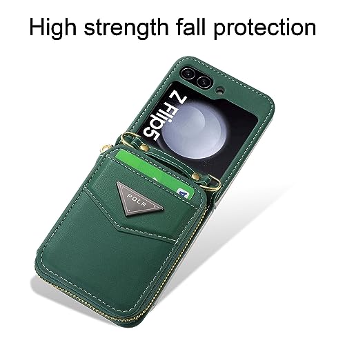 EAXER for Samsung Galaxy Z Flip 5 Case, Shockproof PU Wallet Folding Case Leather Zipper Crossbody Strap Cover (Green)
