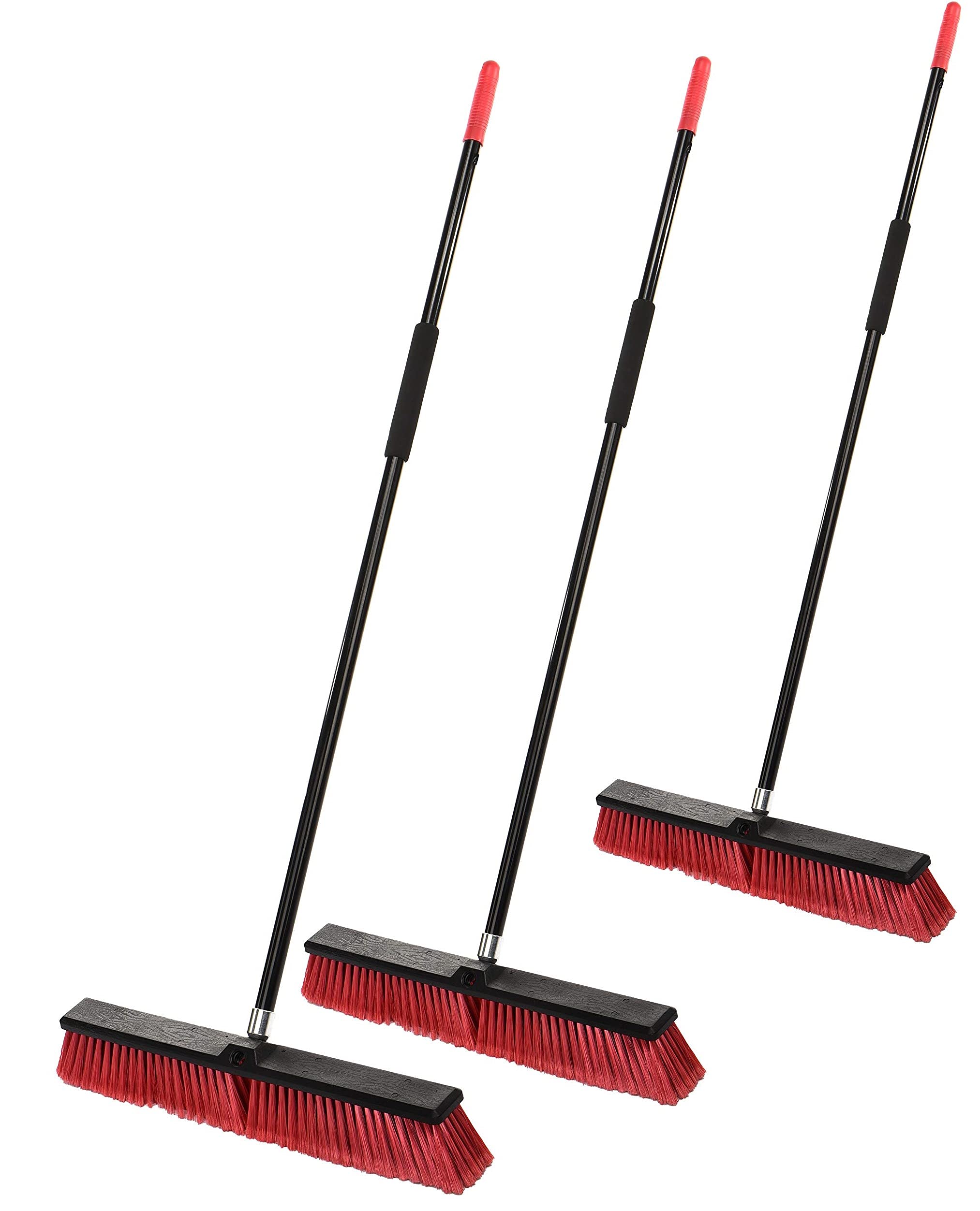 Alpine Industries 2-in-1 Smooth-Surface Squeegee Push Broom - Heavy Duty Long Handle Sweeper - Wide Cleaner Head with Softer Durable Bristles (3-Pack)
