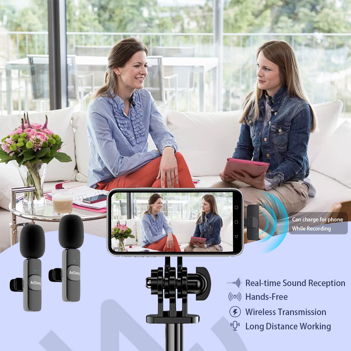 AnChang 2 Pack Wireless Lavalier Microphone for iPhone Wireless Microphones Plug-Play Lapel Mic Built-in Noise Reduction Chip Mini Microphone for Video Recording, Live Stream, Vlog, YouTube, TikTok