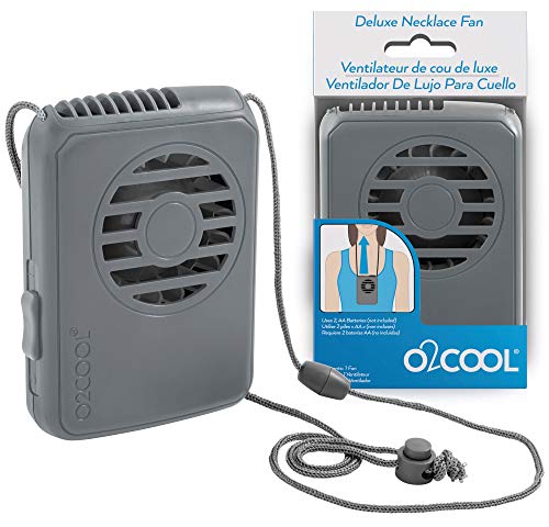 O2COOL Battery Powered Deluxe Necklace Fan For Personal Cooling With Adjustable Lanyard (Grey) 2 Pack