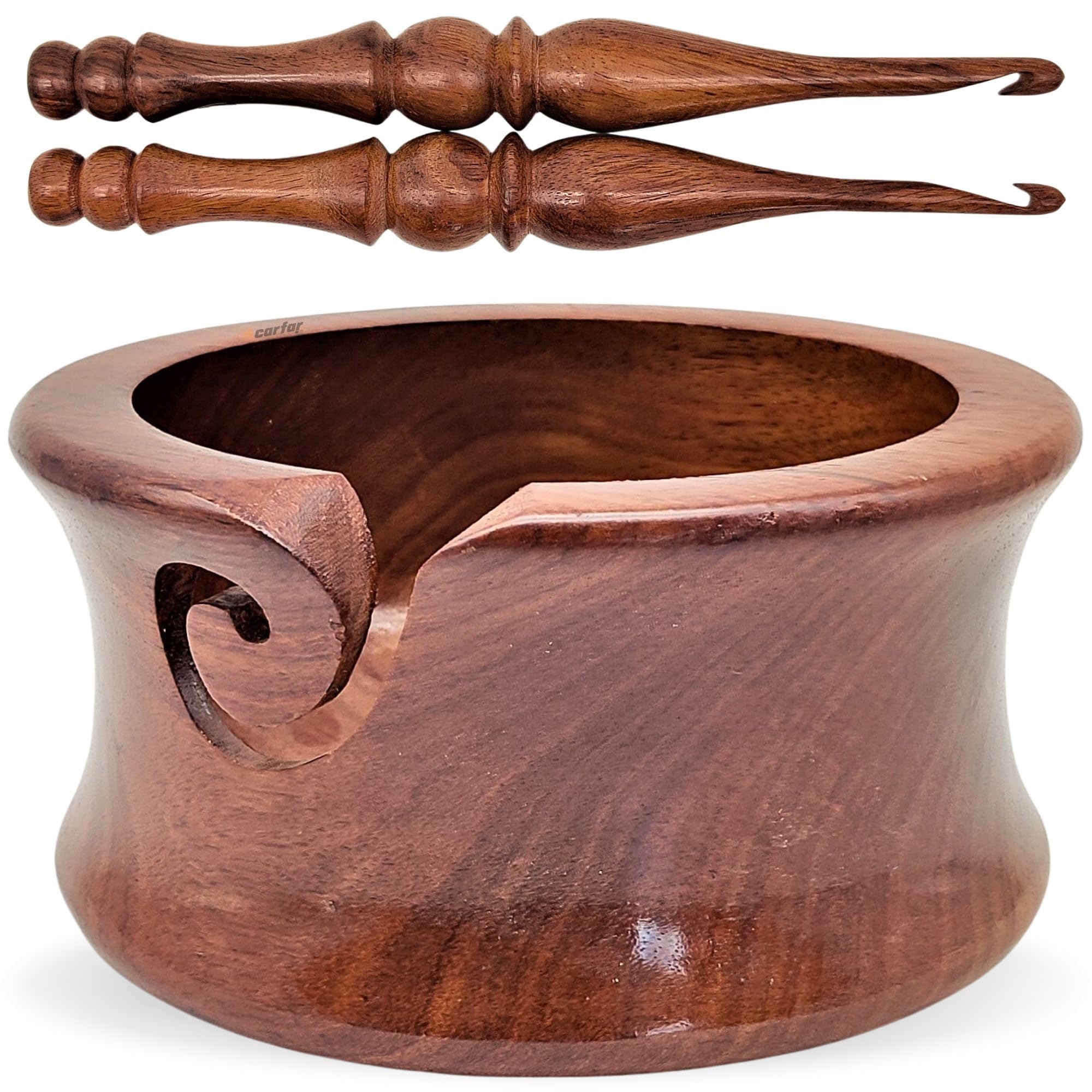 Carfar Knitting Yarn Bowl & Crochet Hooks Set Handmade Wooden Yarn Holder Bowl for Craft Crocheting and Knitting