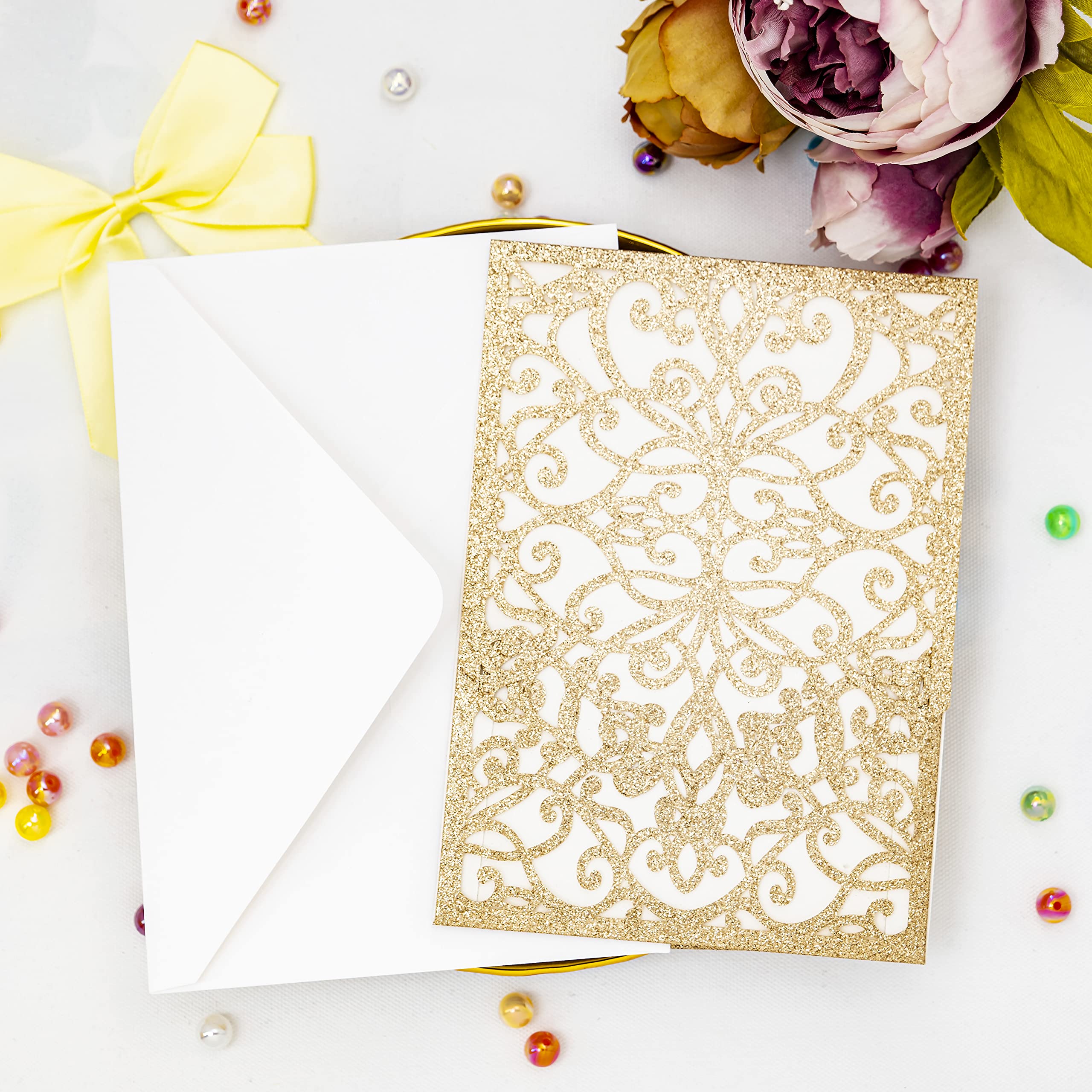 Builcker 20PCS Set Laser Cutting Gold Glitter Invitation Card Greeting Card Graduation Party Wedding Birthday Party Hollow Invitations Flip Invitation Pocket With Envelope (Gold Glitter)
