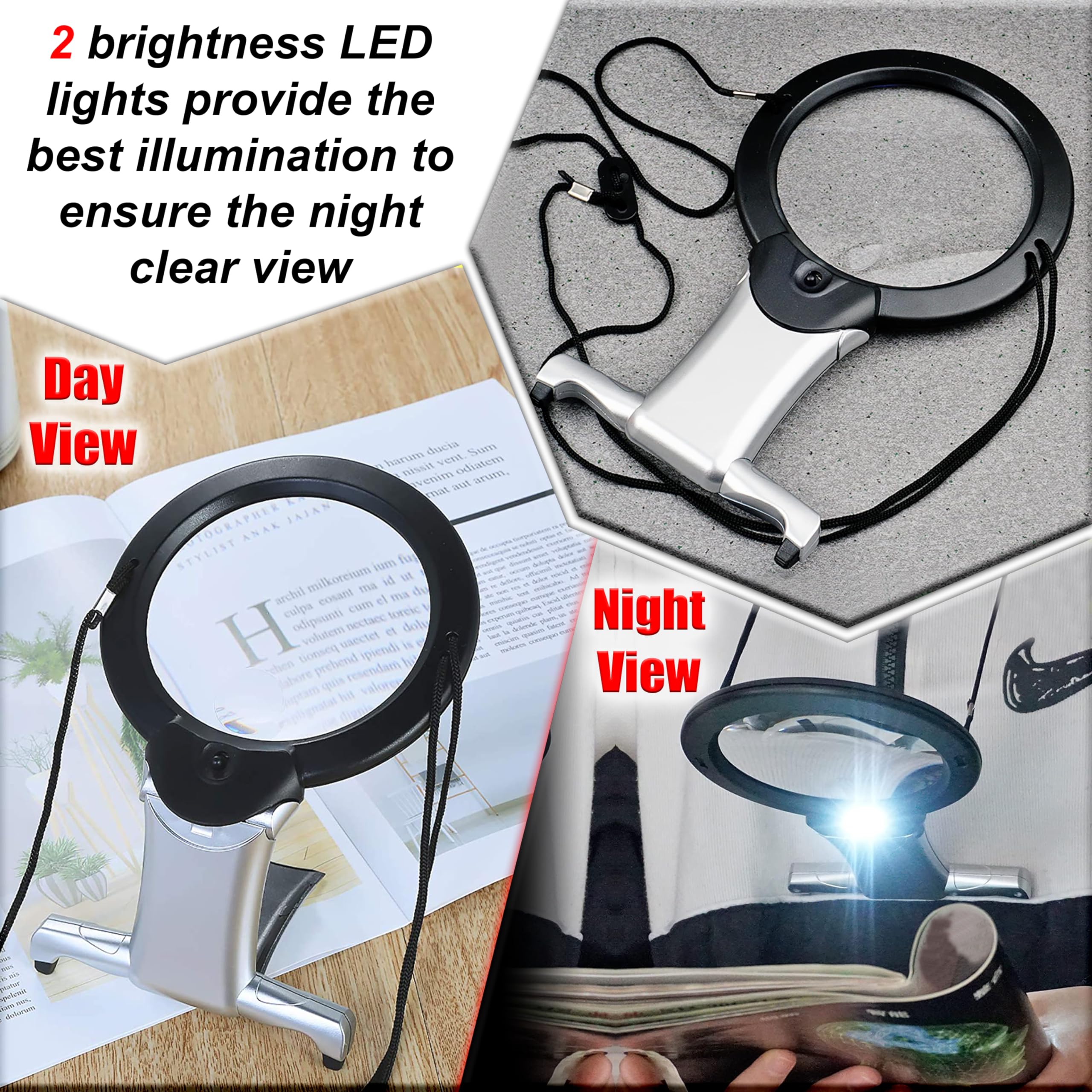 ARSUK Magnifying Glasses with Light, Hands-Free Neck Magnifier for Reading Sewing Cross Stitching Needlework Crafts Hobby Jewelry Repair, 2X 6X Magnification Hanging Cord & Desk Stand