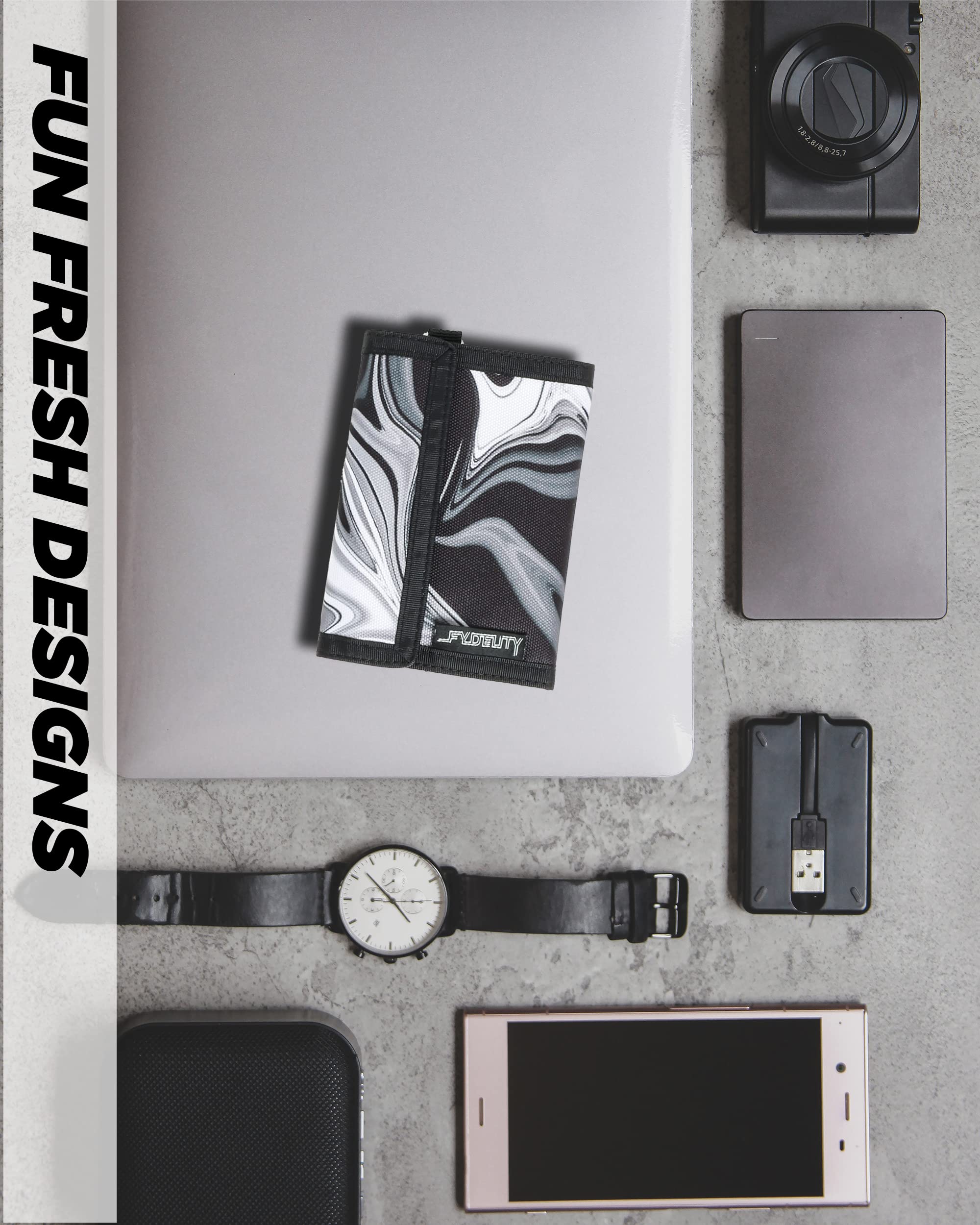 Fydelity 80's RFID Blocking Wallet - Mens and Women's RFID Wallet for Cards and Cash Bifold Hook & Loop Wallet Retro Wallets Men Women, Girls and Boys Wallet BLACK SLICK