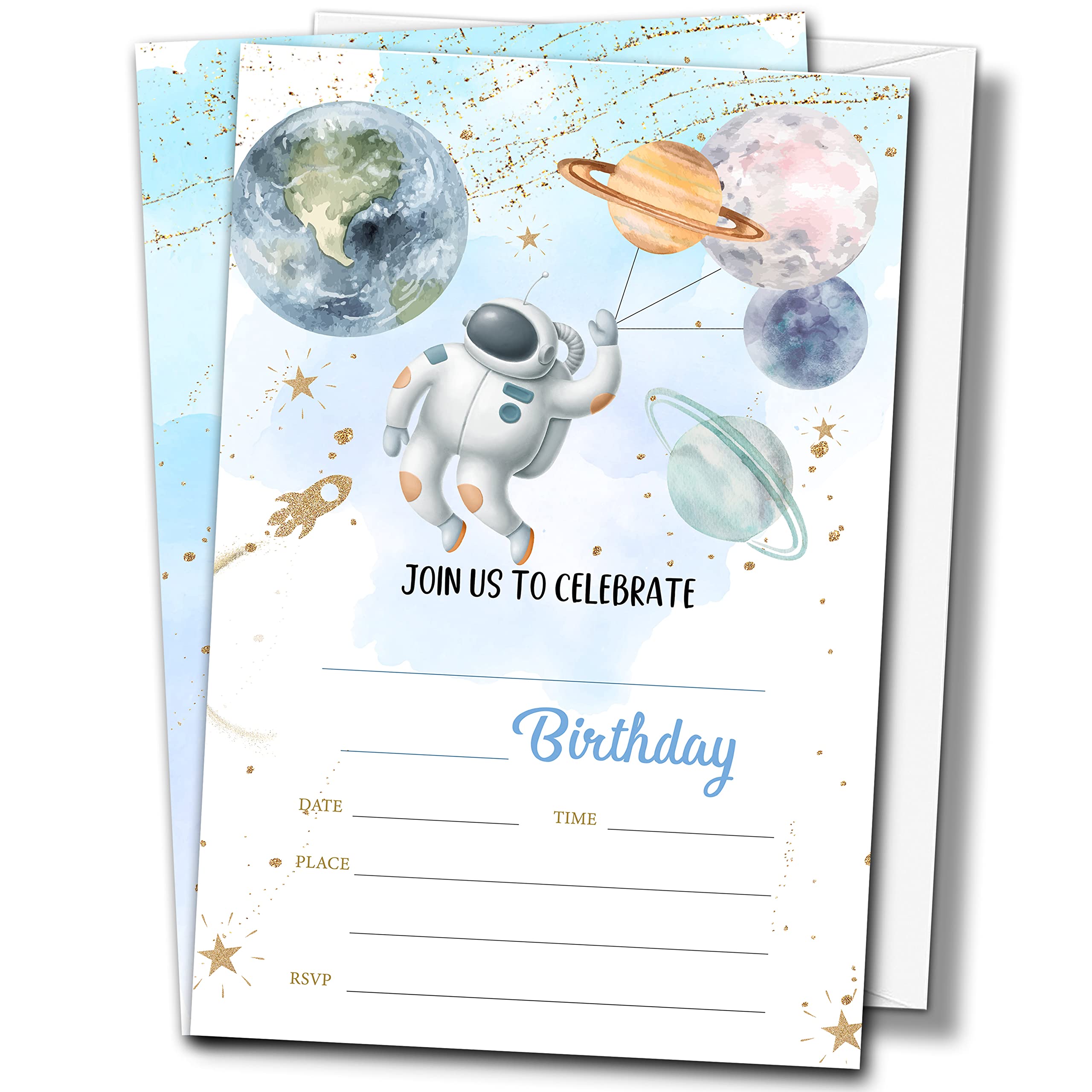 Buildinest Outer Space Birthday Party Invitations with Envelopes (20-Pack), 4"x6" Moon Planets Astronaut Birthday Invitation Cards, Galaxy Blast Off Party Invites-B19