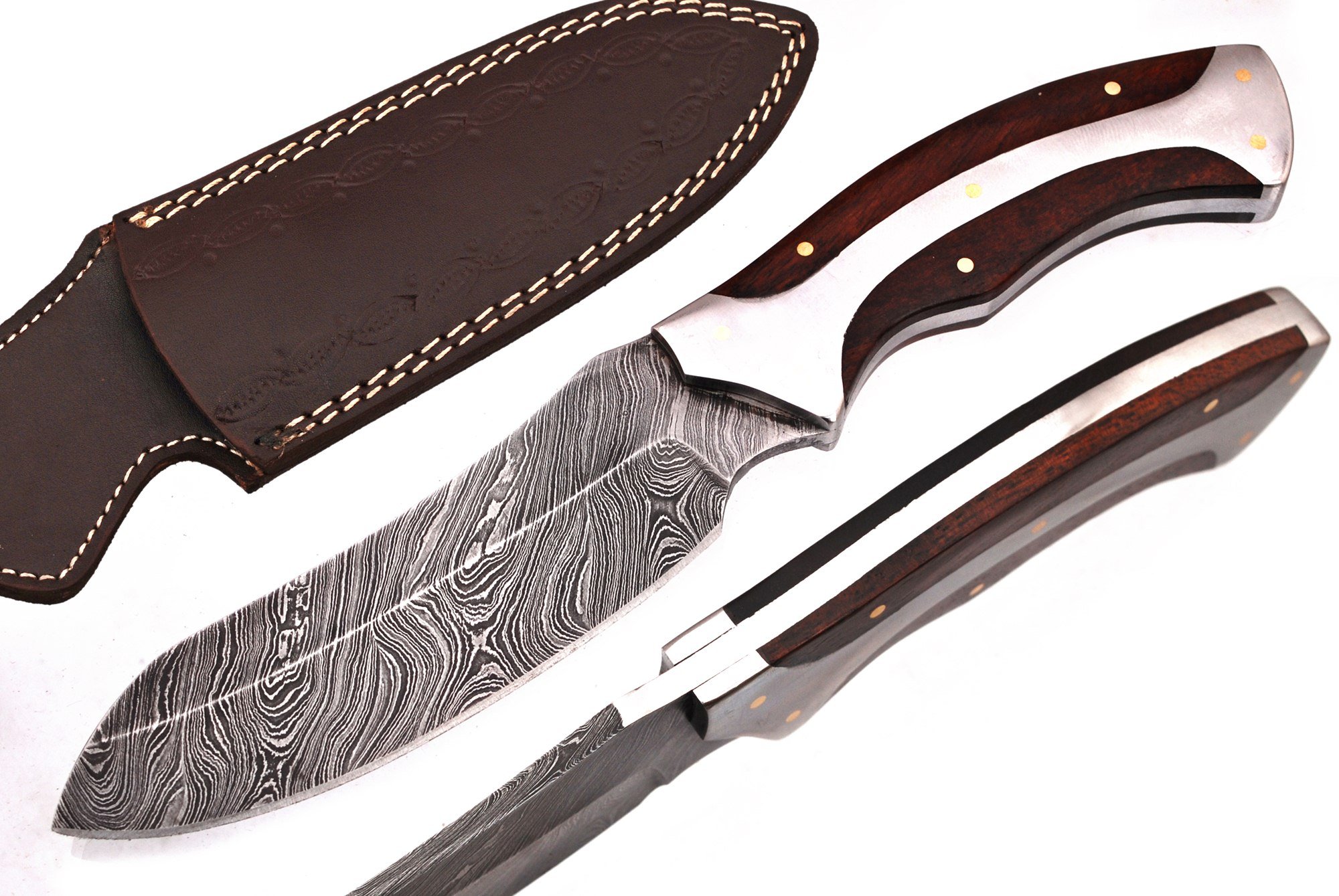 AishaTech Sharky Hand Made Hunting Knife Damascus Steel Blade Wood Brass Handle