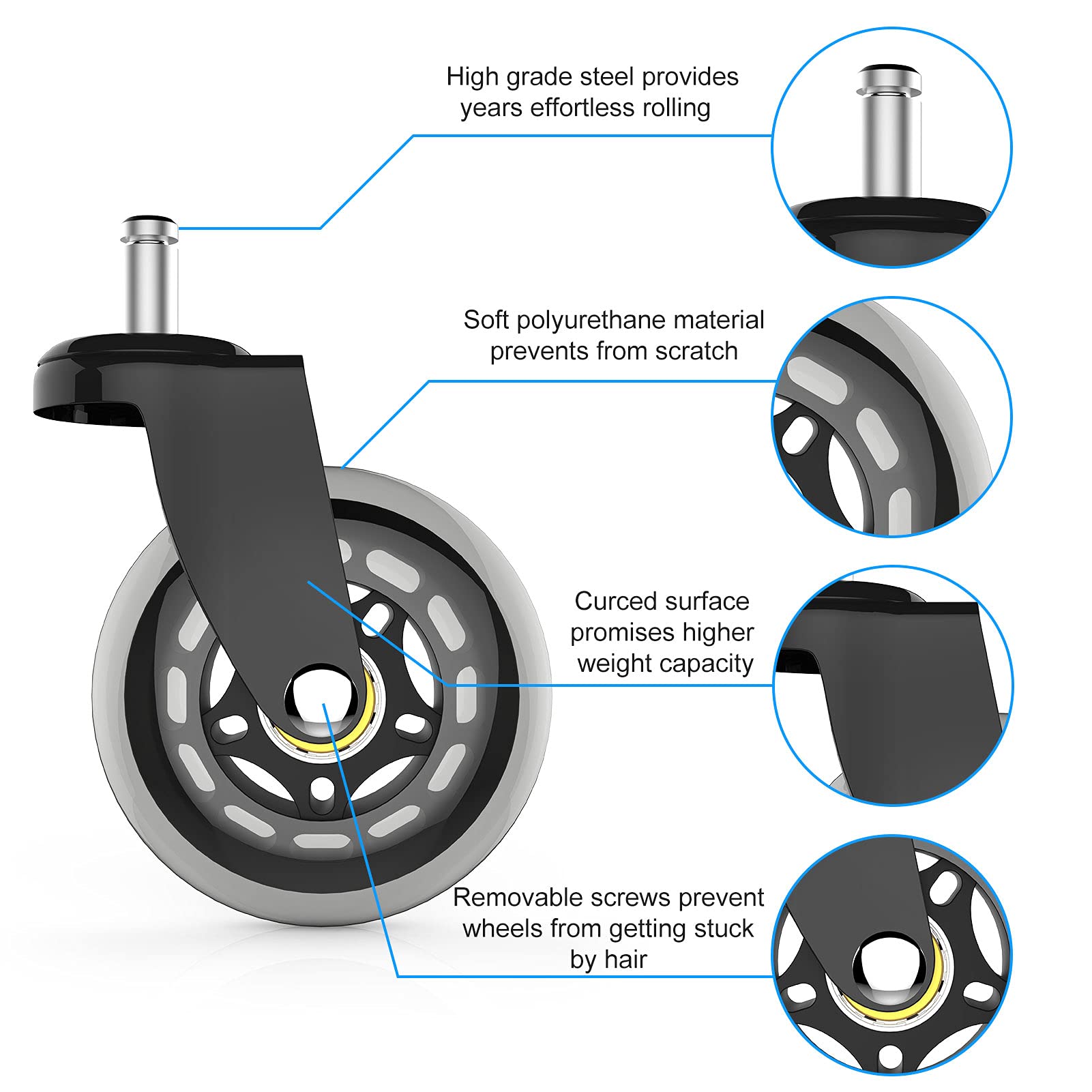 Office Chair Caster Wheels,Heavy Duty Office Chair casters for Chairs to Replace Chair mats ,3"Replacement Chair Casters with 7/16" x 7/8" Stem,Universal fit(Single-Black)