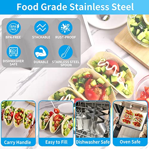GEIKR Stainless Steel Taco Holders Set of 4, ๐ฎ๐ฌ๐ฎ๐ฏ ๐๐๐ฌ Oven & Dishwasher & Grill Safe Taco Trays, Each Metal Taco Stands for 3 Tacos, Taco Rack with Handles, Stylish Taco Shell Holders