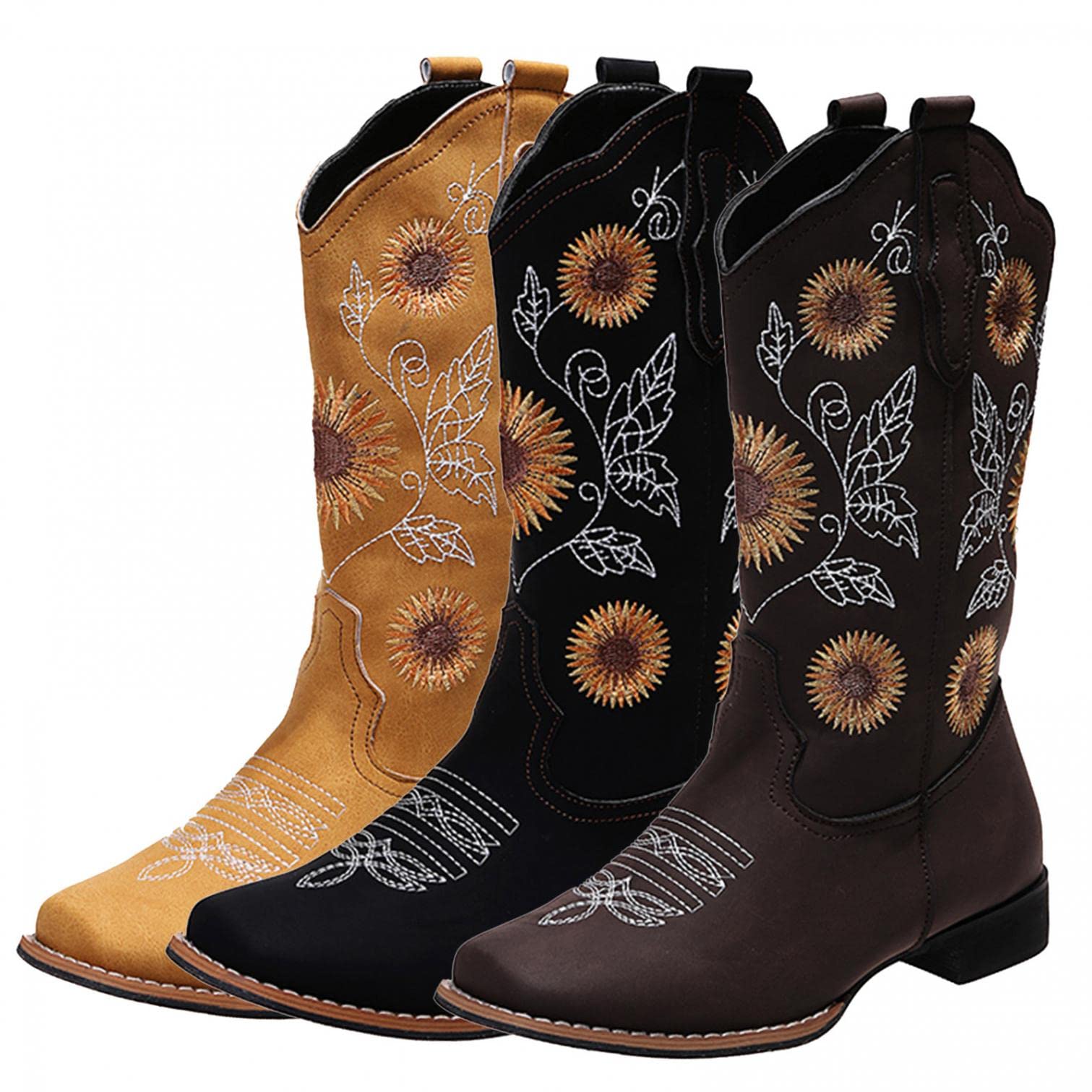 AODONG Boots for Women Sunflowers Embroidery Cowboy Boots Mid Calf Chunky Heel Retro Square Toe Pull On Boots Western Shoes 33-black 9.5-10
