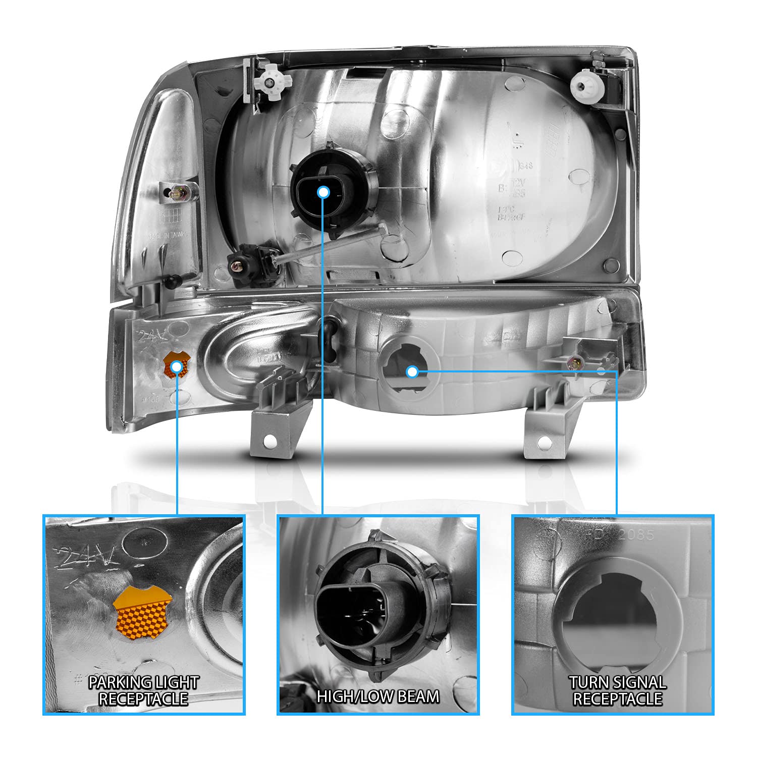 AmeriLite OE Chrome Replacement Headlights 4pcs Set w/Socket Bulb for 1999-04 Ford Excursion/Super Duty F250 F350 F450 F550 Truck - Passenger and Driver Side