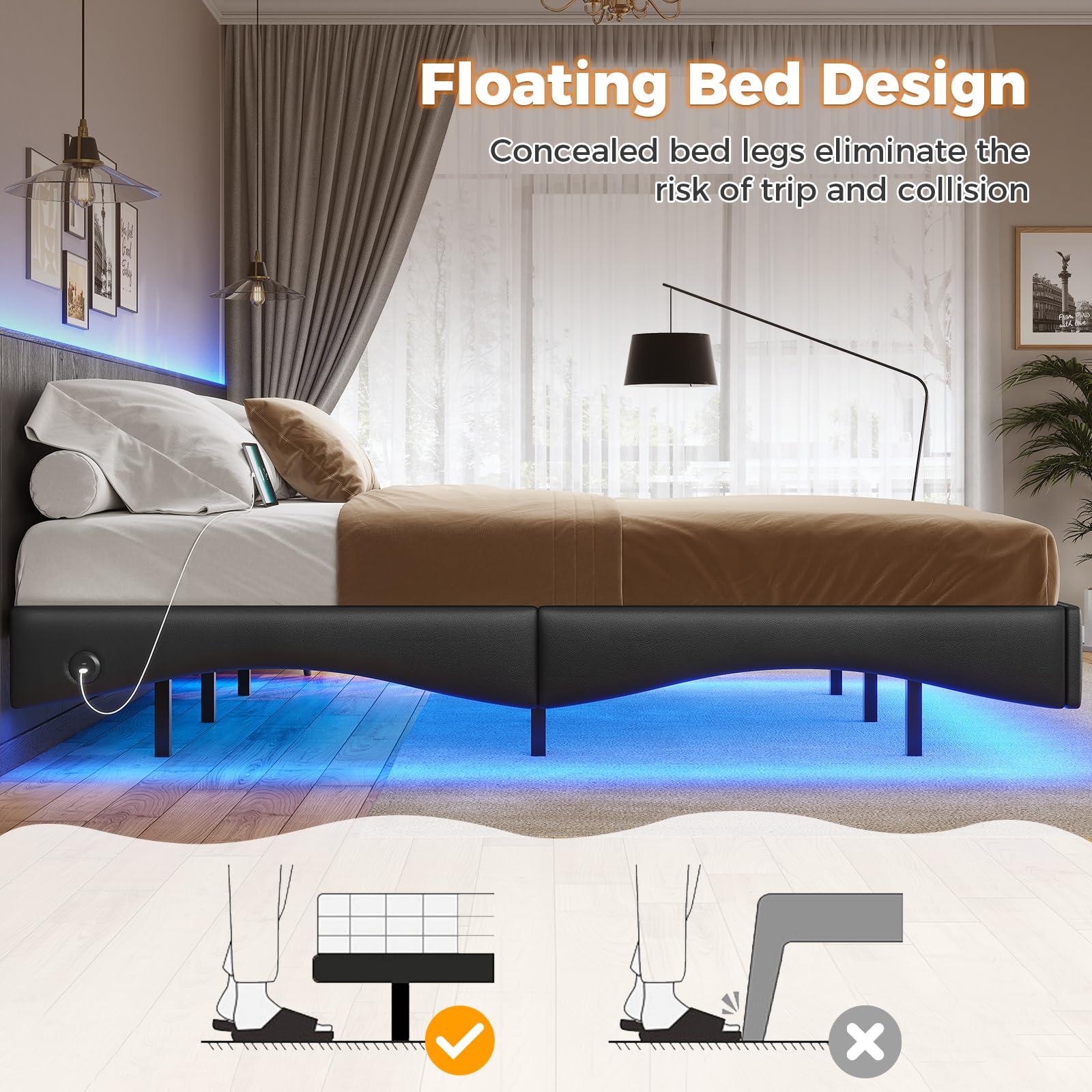 AOGLLATI Floating Bed Frame Twin Size with Charging Station & LED Lights, Platform Twin Bed Frame with Leather Wave Molding and Stable Structure,No Box Spring Needed, Black