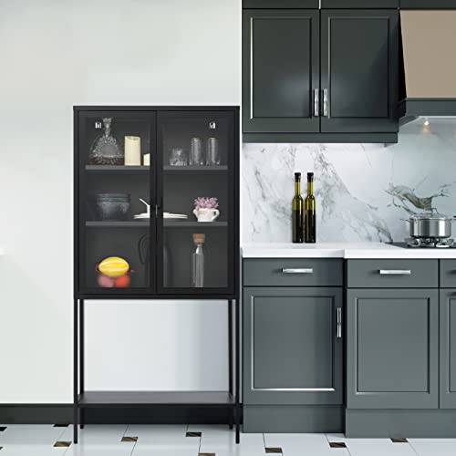 MATICO Metal Storage Cabinet, 59"(H) x30(L), Freestanding Pantry Locker, Accent Display Bookcase with Glass Doors, Modern Organizer Cupboard for Office, Living Room, Kitchen Console Sideboard, Black