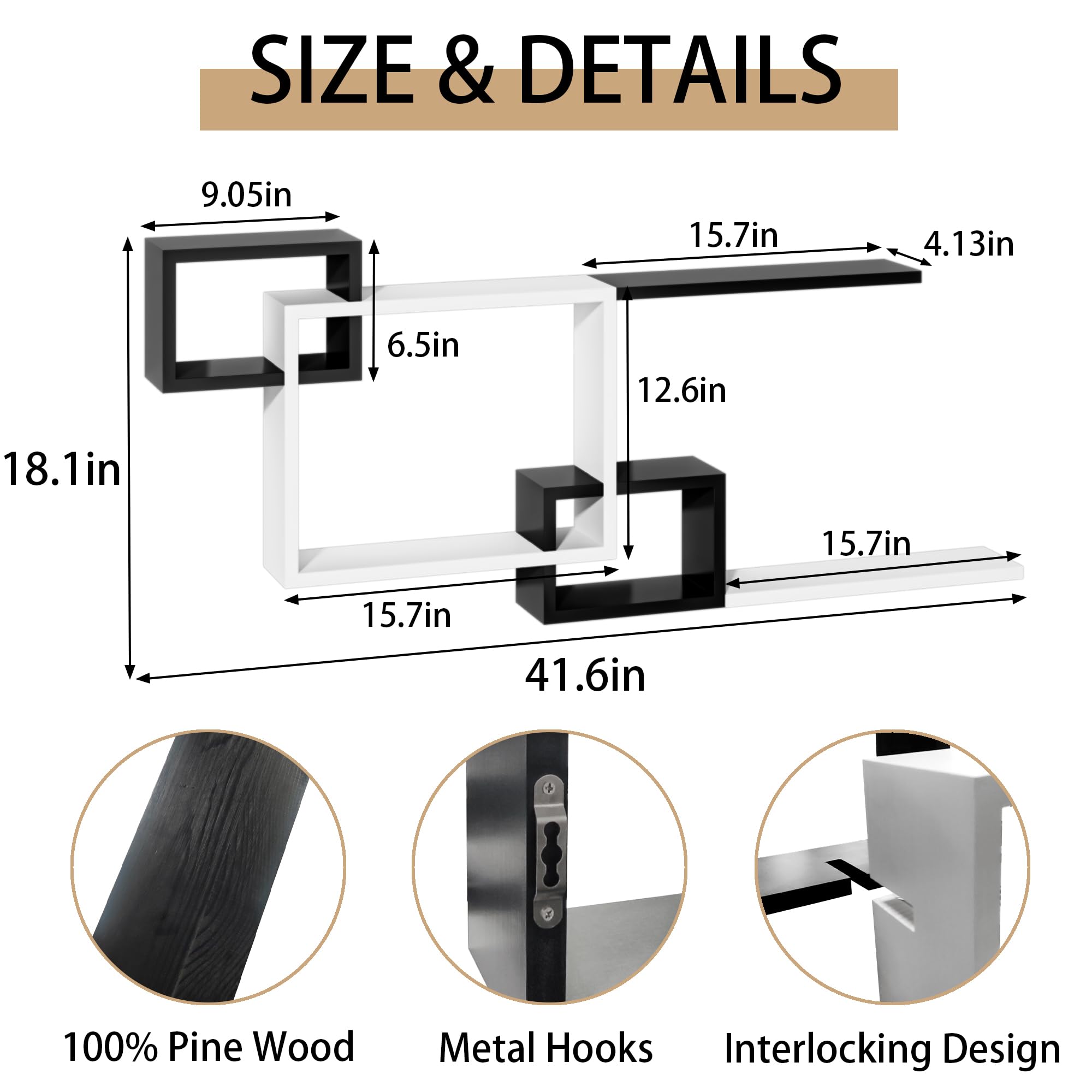 Black&White Intersecting Square Floating Shelves for Wall Decor Modern Decorative Cube Wall Shelves for Display Geometric Boxes Shelves Wall Decoration for Living Room,Dining Room,Bedroom,Home-Pine