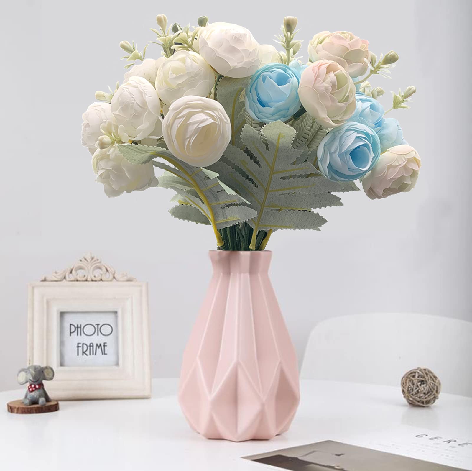 JANESOTO 2 Bundles 36 Artificial Flowers Fake Roses with Stems,Silk Bouquet Home Decorations for Office Table,Garden Party,Bridal,Bedroom,Kitchen Without Vase (White and Blue)