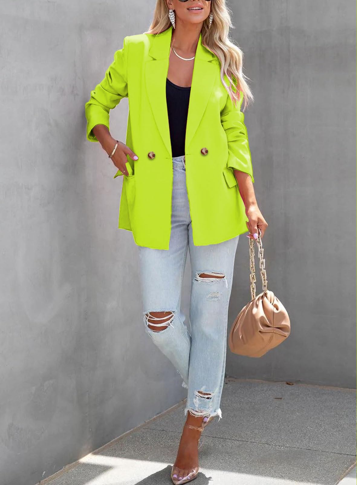 ARTFREE Womens Casual Blazer Button Lapel Long Sleeve Work Business Fashion Blazers Jackets Outfits with Pockets Fluorescent Green XS