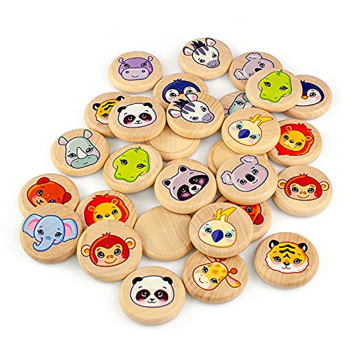 Ulanik Wild Animals Matching Memory Game for Toddlers Age 3 + Year Old Preschool Wooden Board Games for Kids 4-8 Learning & Education Toys β 30 Chips, 1.57 in