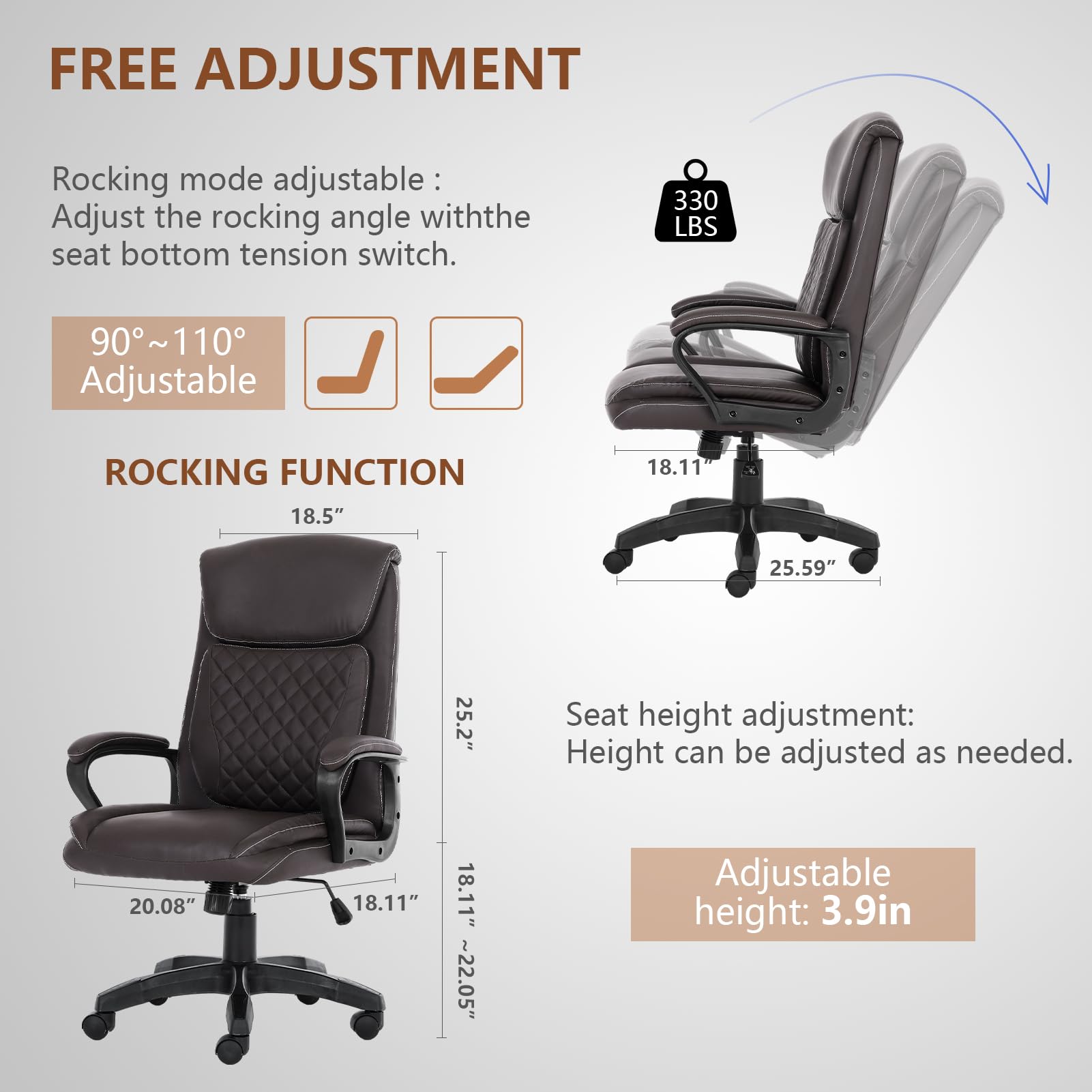 Bioopts Ergonomic Office Chair Executive Seat Upholstered Task Chair High Back Armrests Lumbar Support Adjustable Height Reclining 360 Degree Swivel PU Leather
