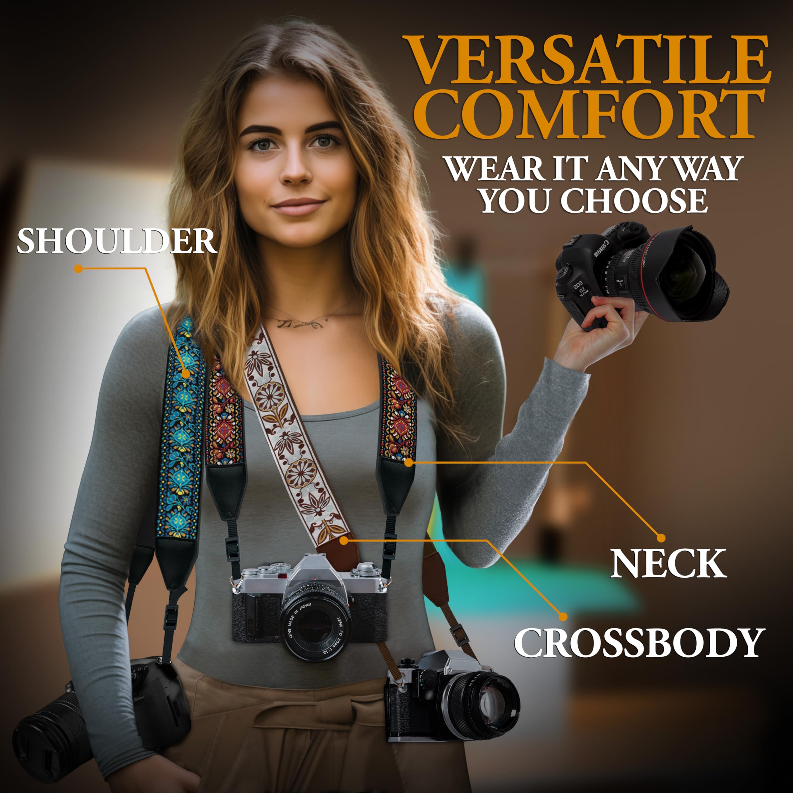 Art Tribute Pink Woven Camera Strap For All DSLR and SLR Camera, Embroidered Elegant Universal Neck & Shoulder Strap, BOHO Pattern. Best Gift for Photographers