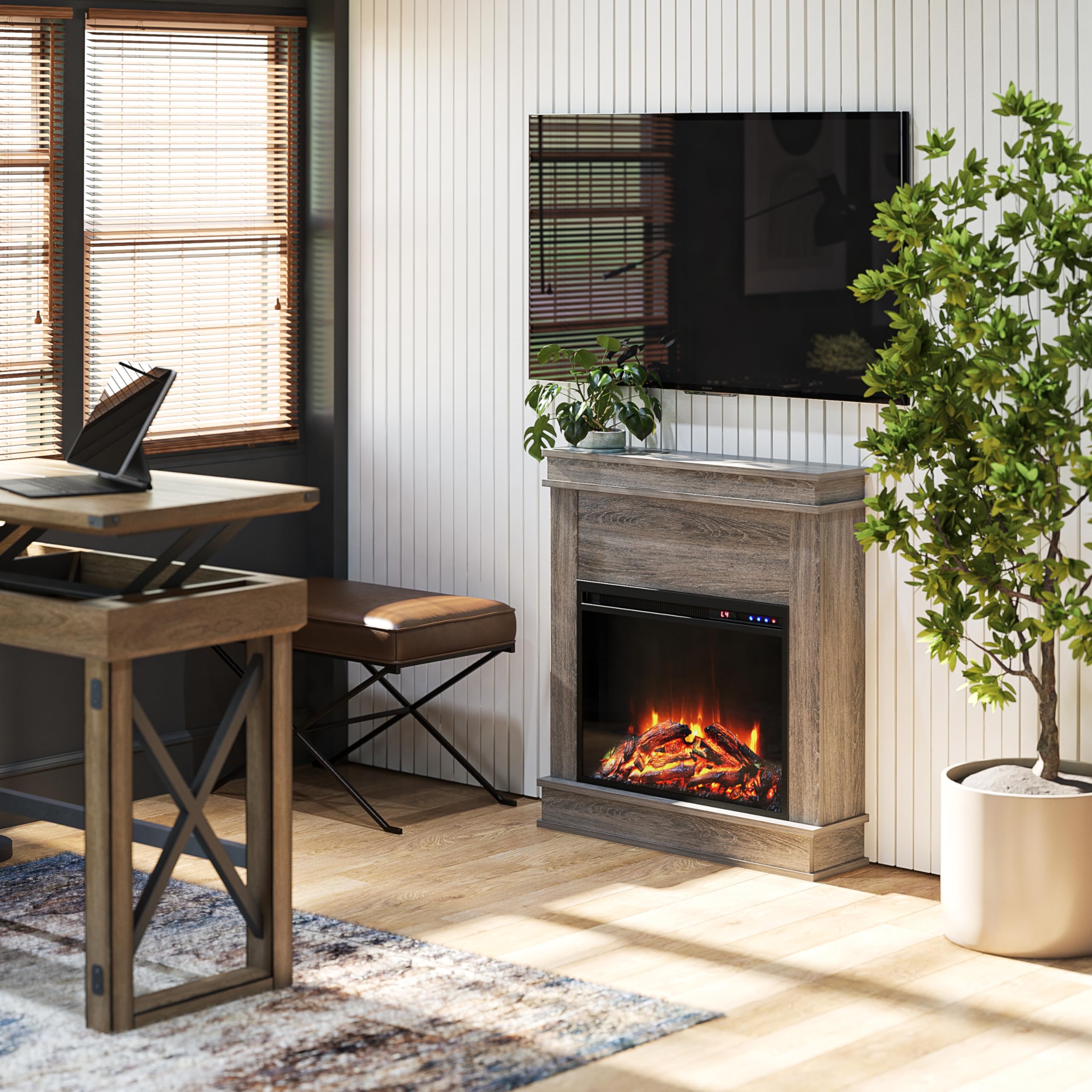 Ameriwood Home Mateo Electric Fireplace with Mantel and Touchscreen Display, Gray Oak