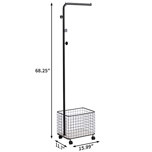 DOEWORKS L-Style Laundry Rolling Basket Cart with Clothes Hanging Bulter and Wheels, Laundry Hamper Sorter for Lavatory with Hanging Bar, Black