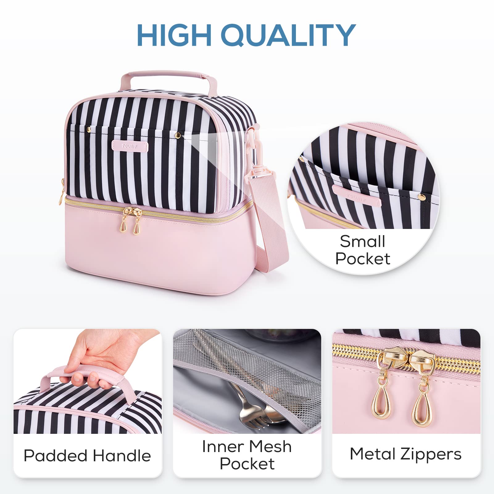 TOURIT Lunch Bag Women Double Deck Lunch Box Insulated Lunch Cooler for Women Men Work, Pink Stripes