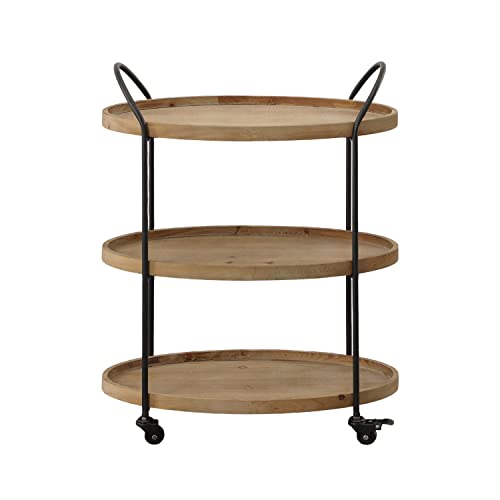 The Urban Port 23-Inch Wood Bar Cart with 3-Tier Storage Trays and Metal Frame, Brown and Black