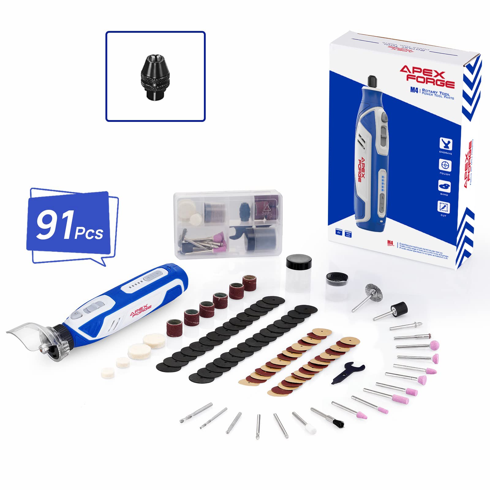 APEXFORGE M4 Cordless Rotary Tool, 4V 2.0Ah Rechargeable Battery, Keyless Chuck, 5-Speeds 25000 RPM, USB-C Charging, 91 Pcs Accessories, Protective Shield, Ideal for Sanding/Carving/Grinding and More