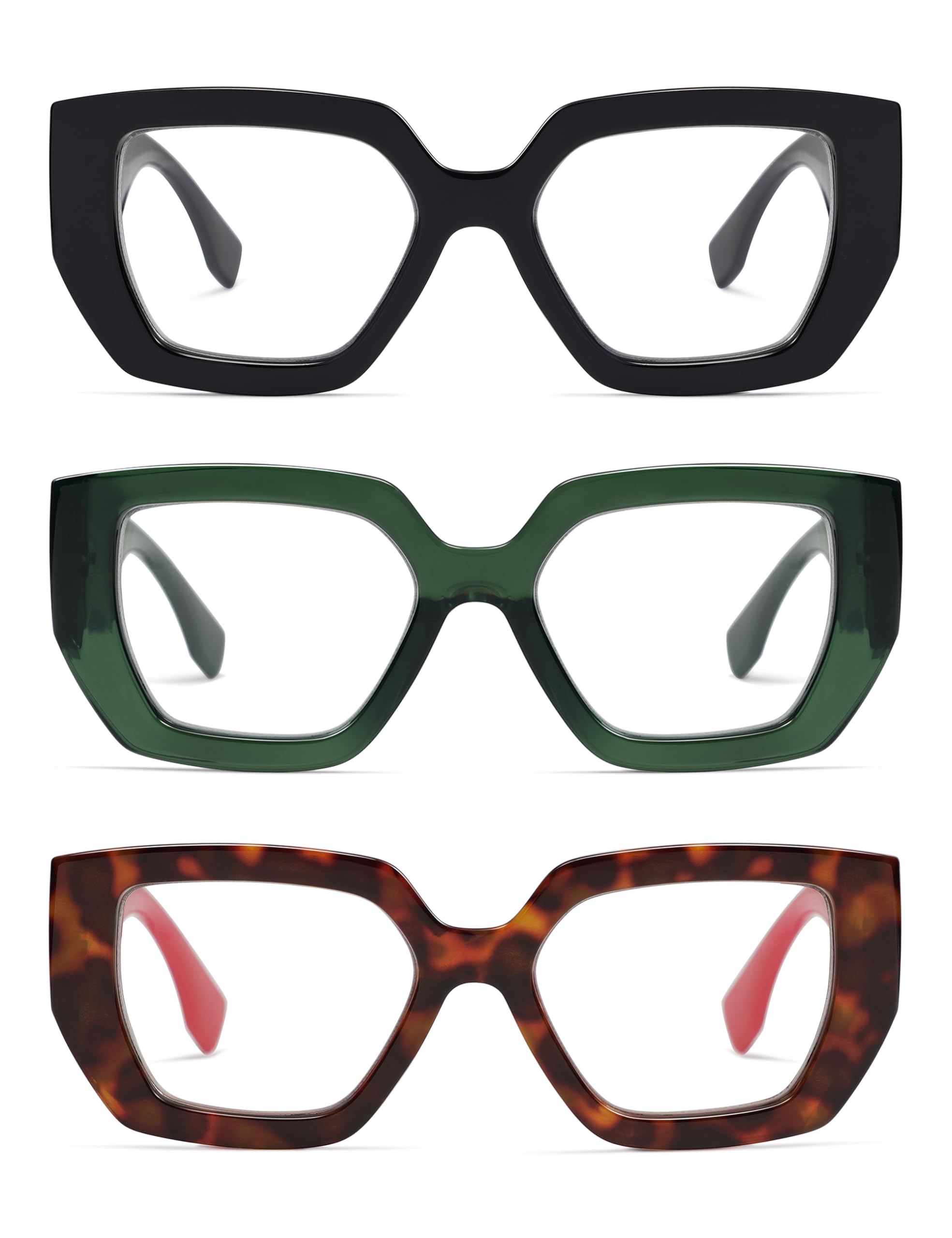 AMOMOMA 3-Pack Oversized Square Reading Glasses for Women,Fashion Trendy Style Blue Light Blocking Eyewear Readers Large Frame with Spring Hinge AM6109 C1+C2+C3 2.0 x