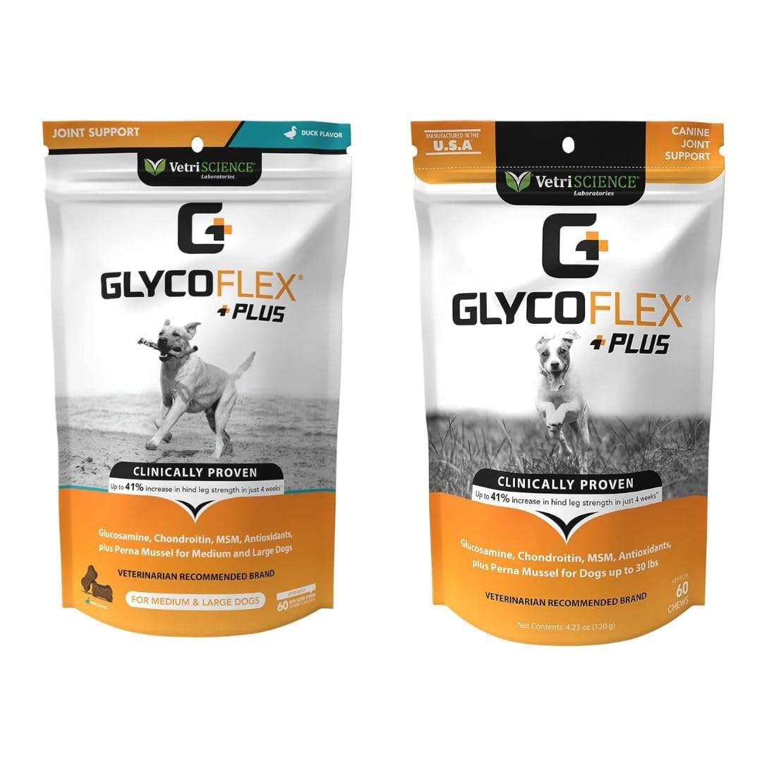 VetriScience Glycoflex Plus Clinically Proven Hip & Joint Supplement for Dogs, 60 Chews & Glycoflex Plus Clinically Proven Dog Hip and Joint Supplement for Small Dogs, 60 Chews