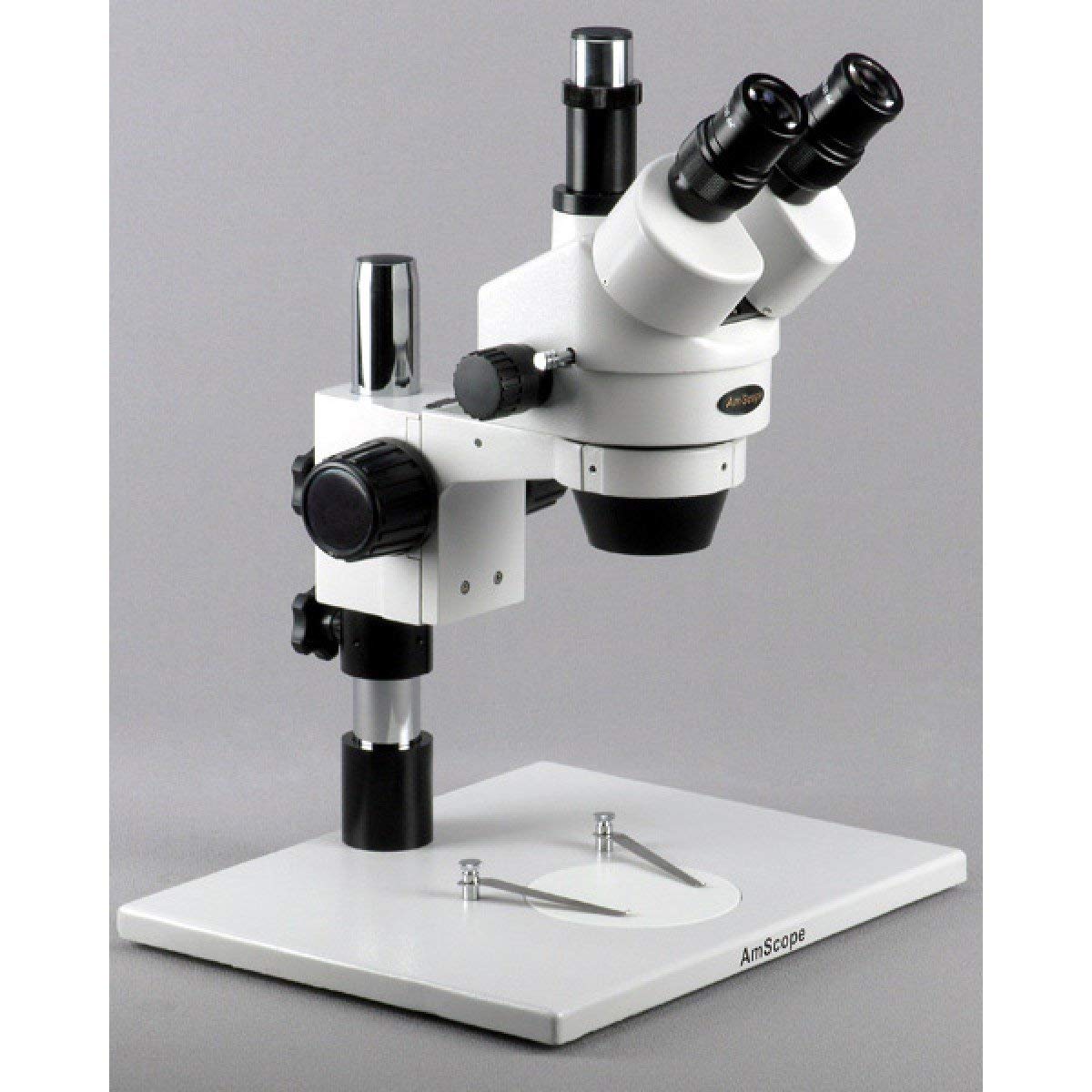 AmScope SM-1TZ Professional Trinocular Stereo Zoom Microscope, WH10x Eyepieces, 3.5X-90X Magnification, 0.7X-4.5X Zoom Objective, Ambient Lighting, Large Pillar-Style Table Stand, Includes 0.5X and 2.0X Barlow Lenses